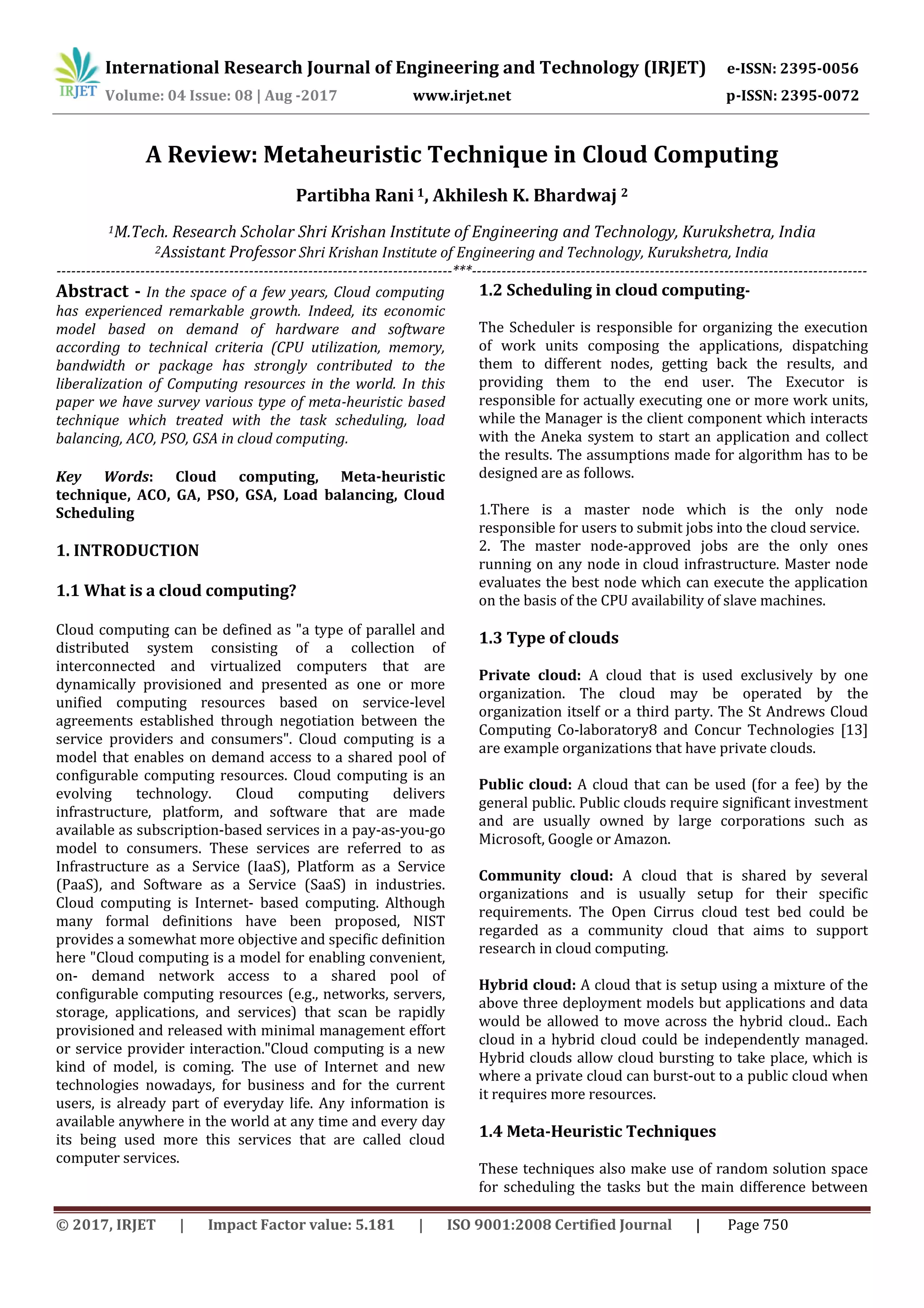 A Review: Metaheuristic Technique in Cloud Computing | PDF