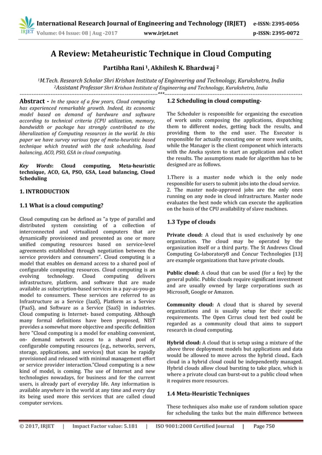 A Review: Metaheuristic Technique in Cloud Computing | PDF
