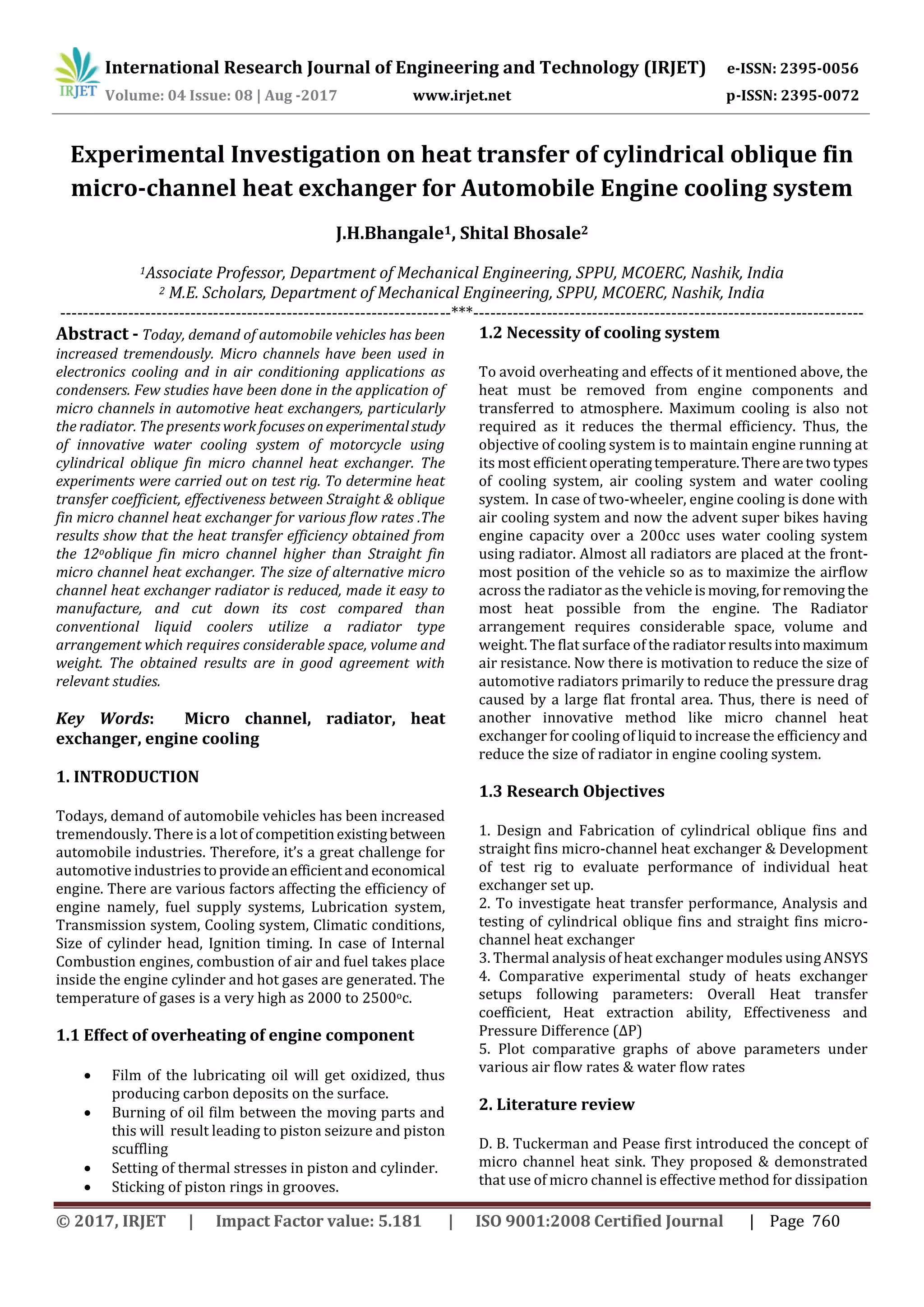 Experimental Investigation on Heat Transfer of Cylindrical Oblique Fin ...