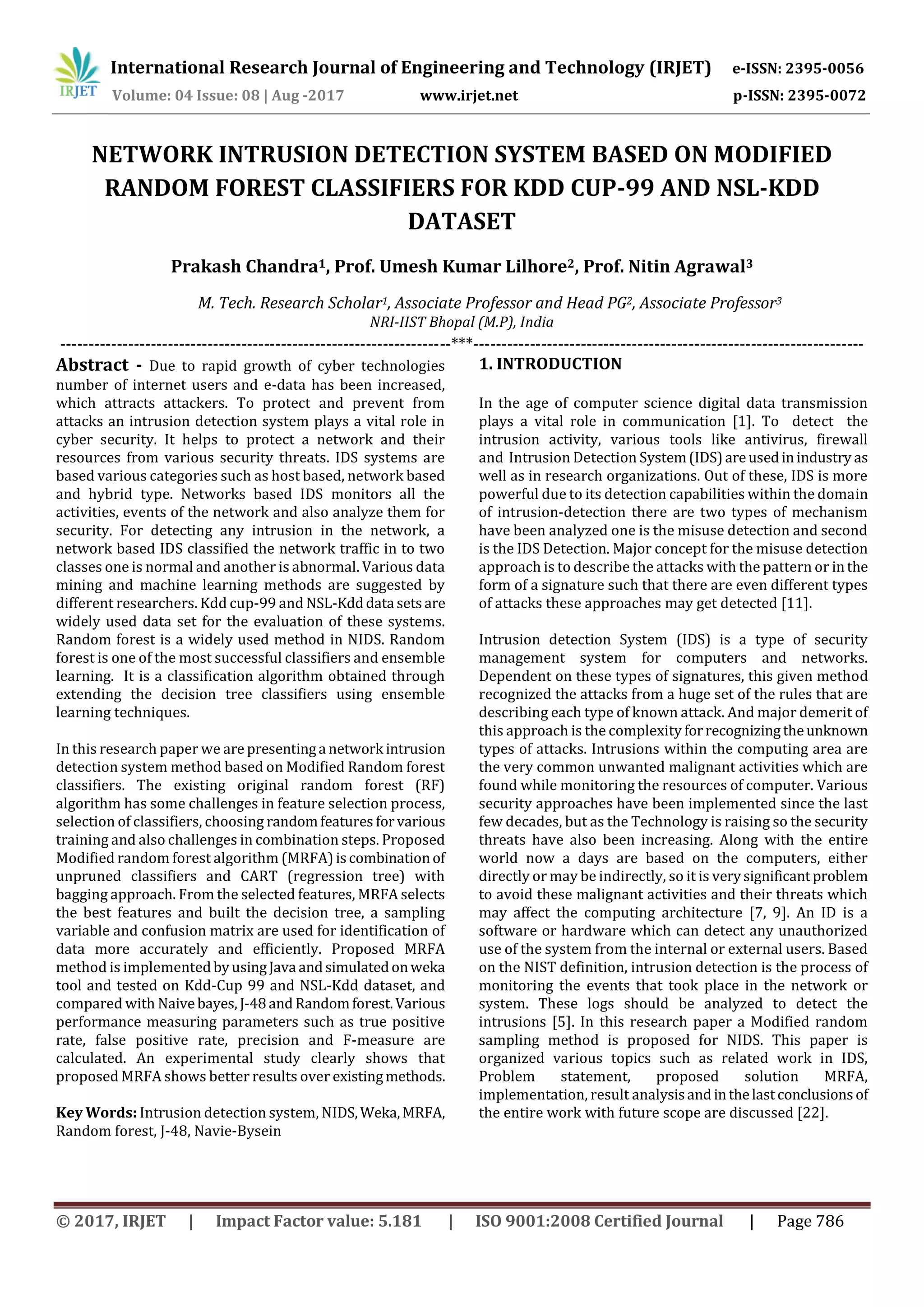 Network Intrusion Detection System Based on Modified Random Forest Classifiers for Kdd Cup-99 ...