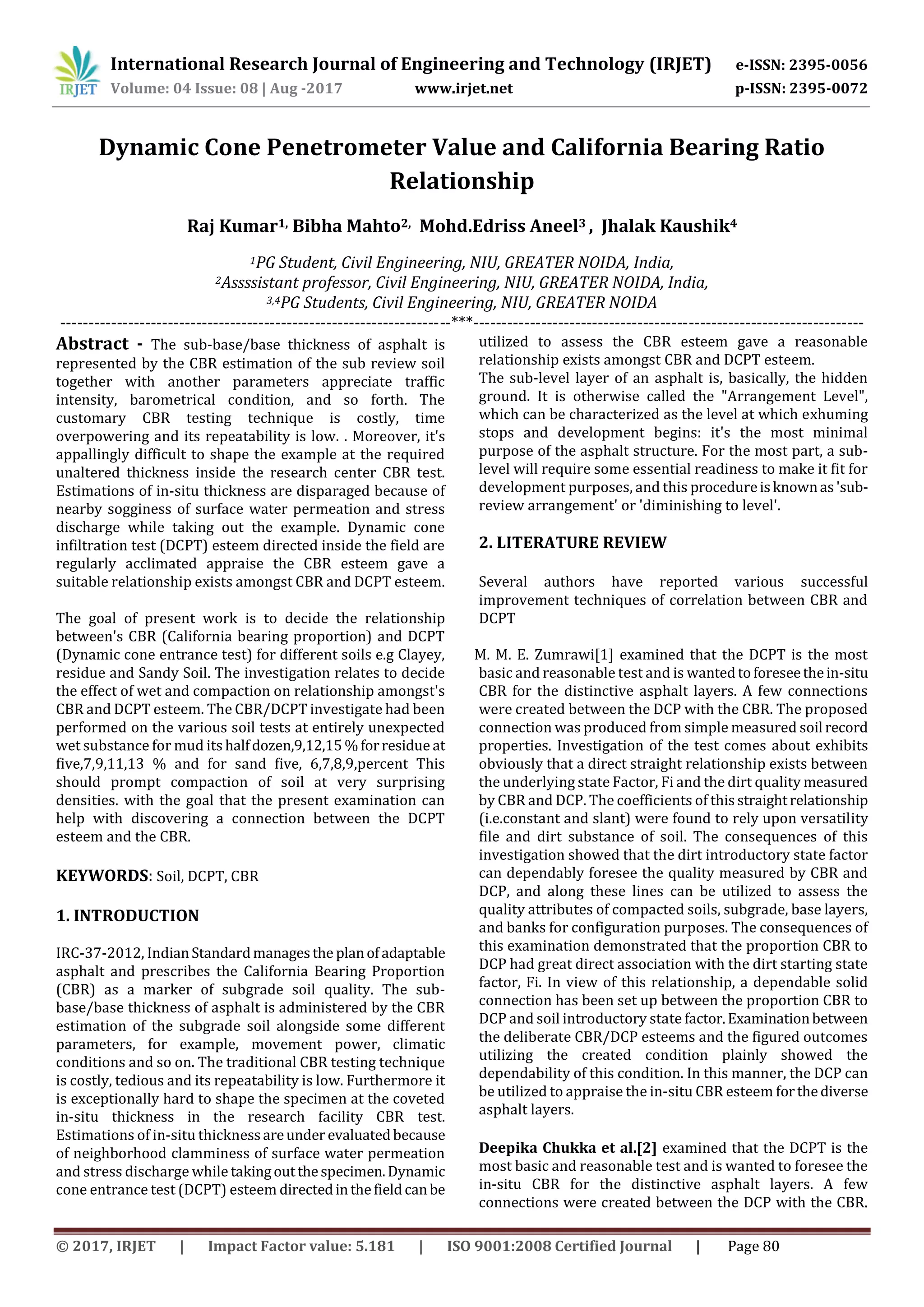 Dynamic Cone Penetrometer Value and California Bearing Ratio Relationship | PDF