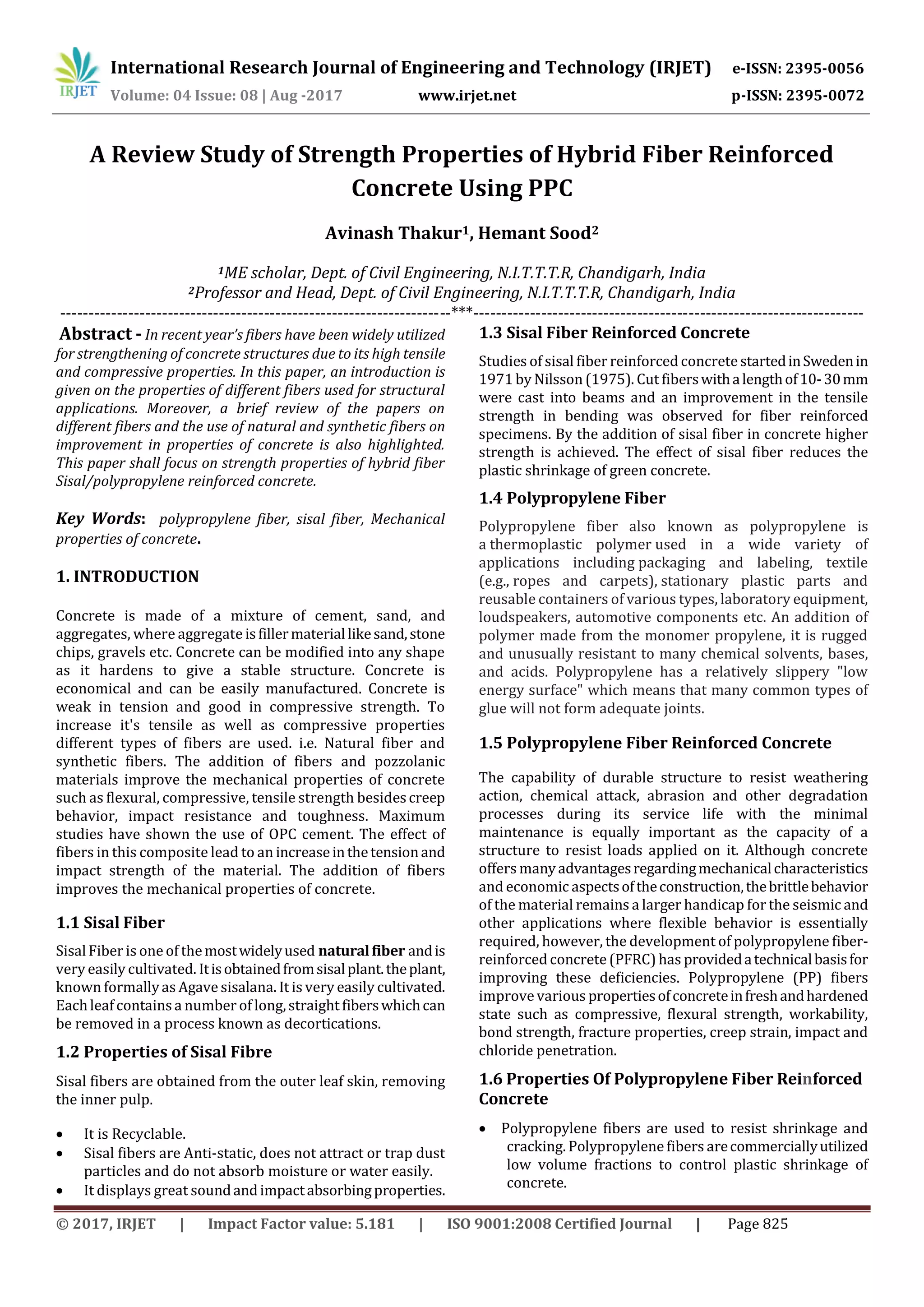 A Review Study of Strength Properties of Hybrid Fiber Reinforced ...
