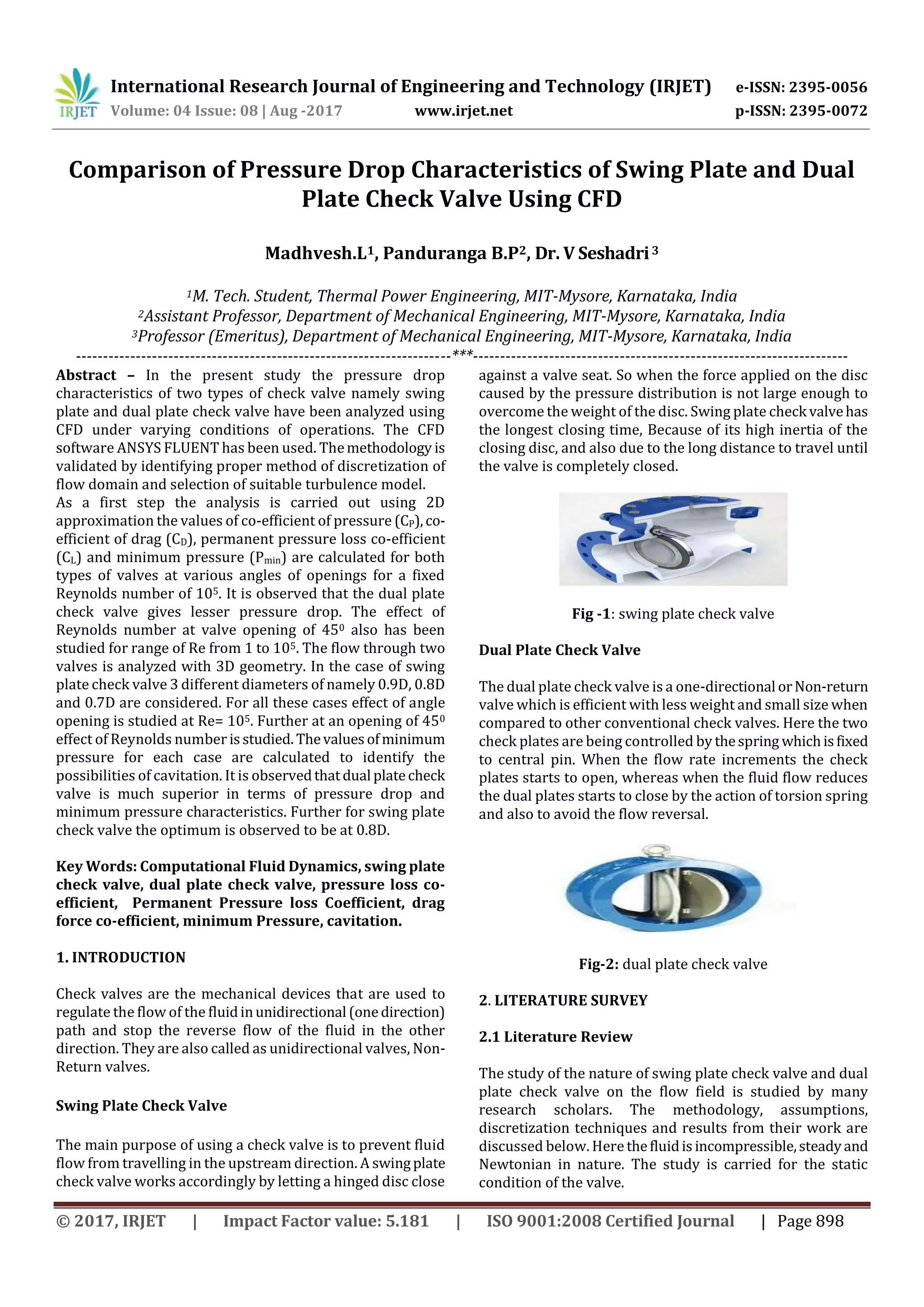 Comparison of Pressure Drop Characteristics of Swing Plate and Dual ...
