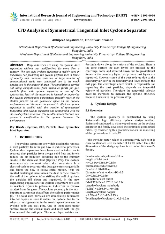 CFD Analysis of Symmetrical Tangential Inlet Cyclone Separator | PDF