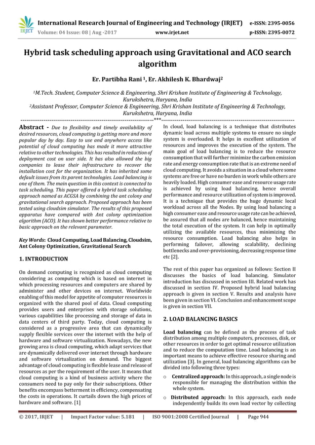 Hybrid Task Scheduling Approach Using Gravitational And Aco Search Algorithm Pdf 