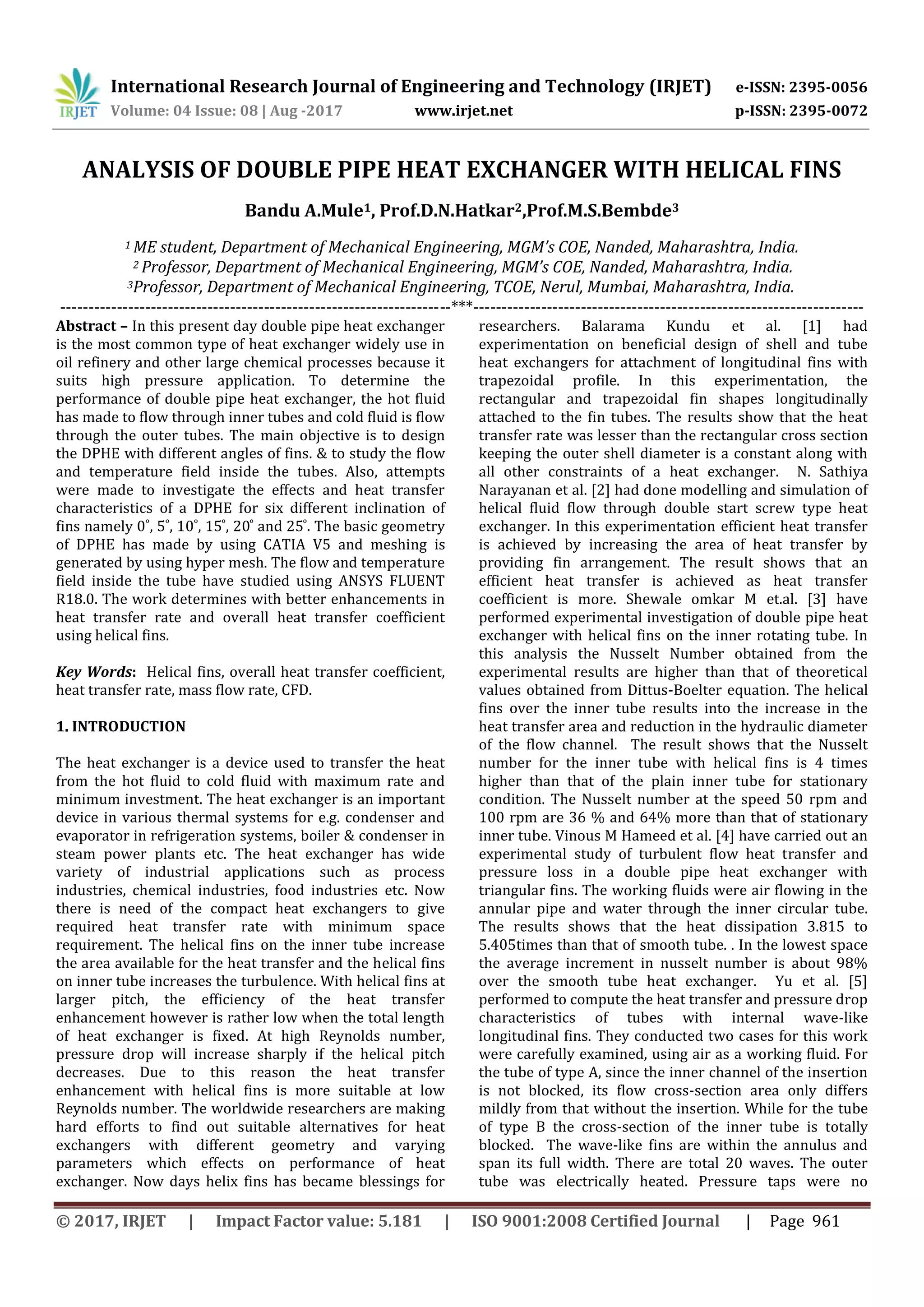 Analysis of Double Pipe Heat Exchanger With Helical Fins | PDF | Technology & Computing