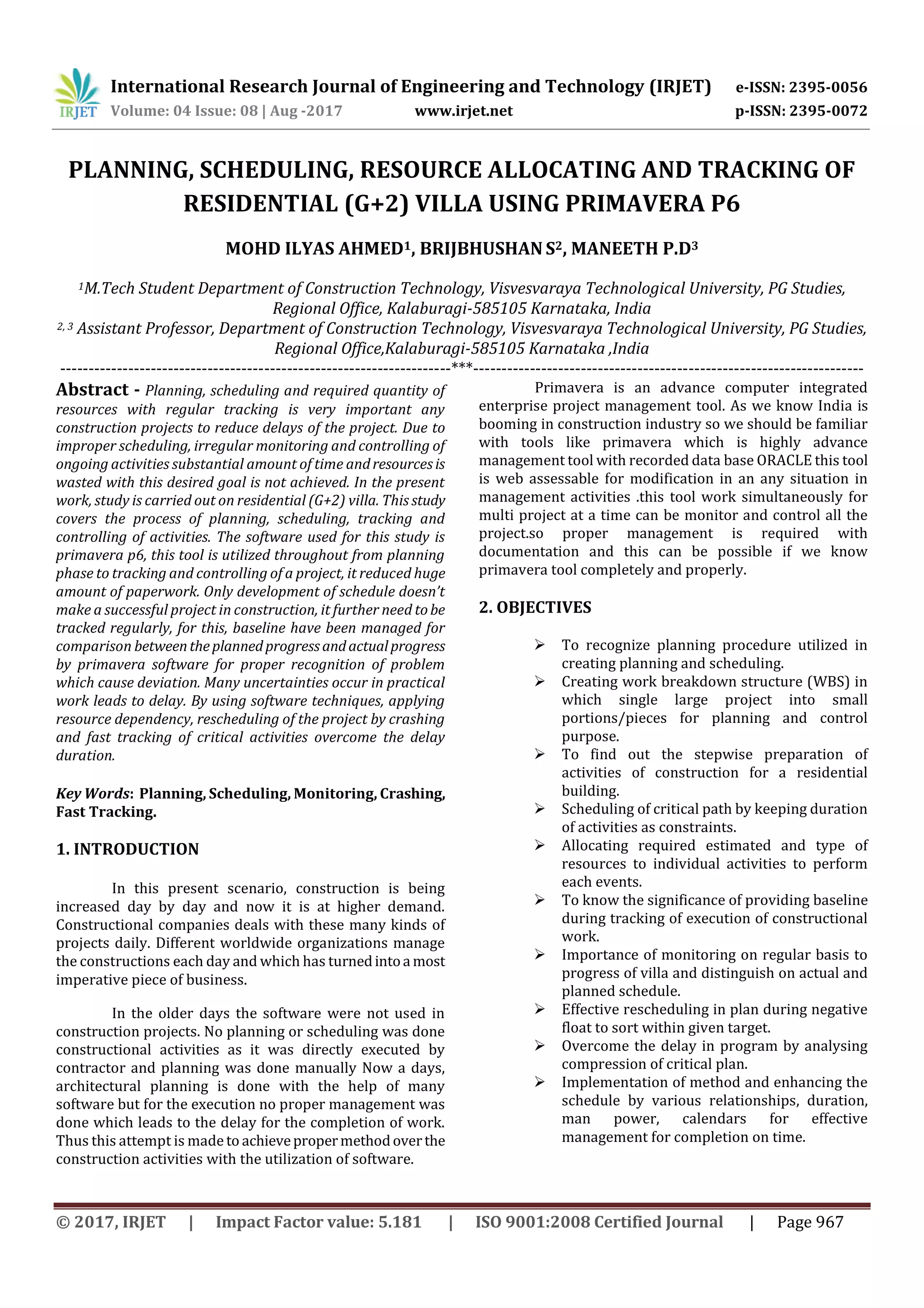 Planning, Scheduling, Resource Allocating and Tracking of Residential (G+2) Villa using ...
