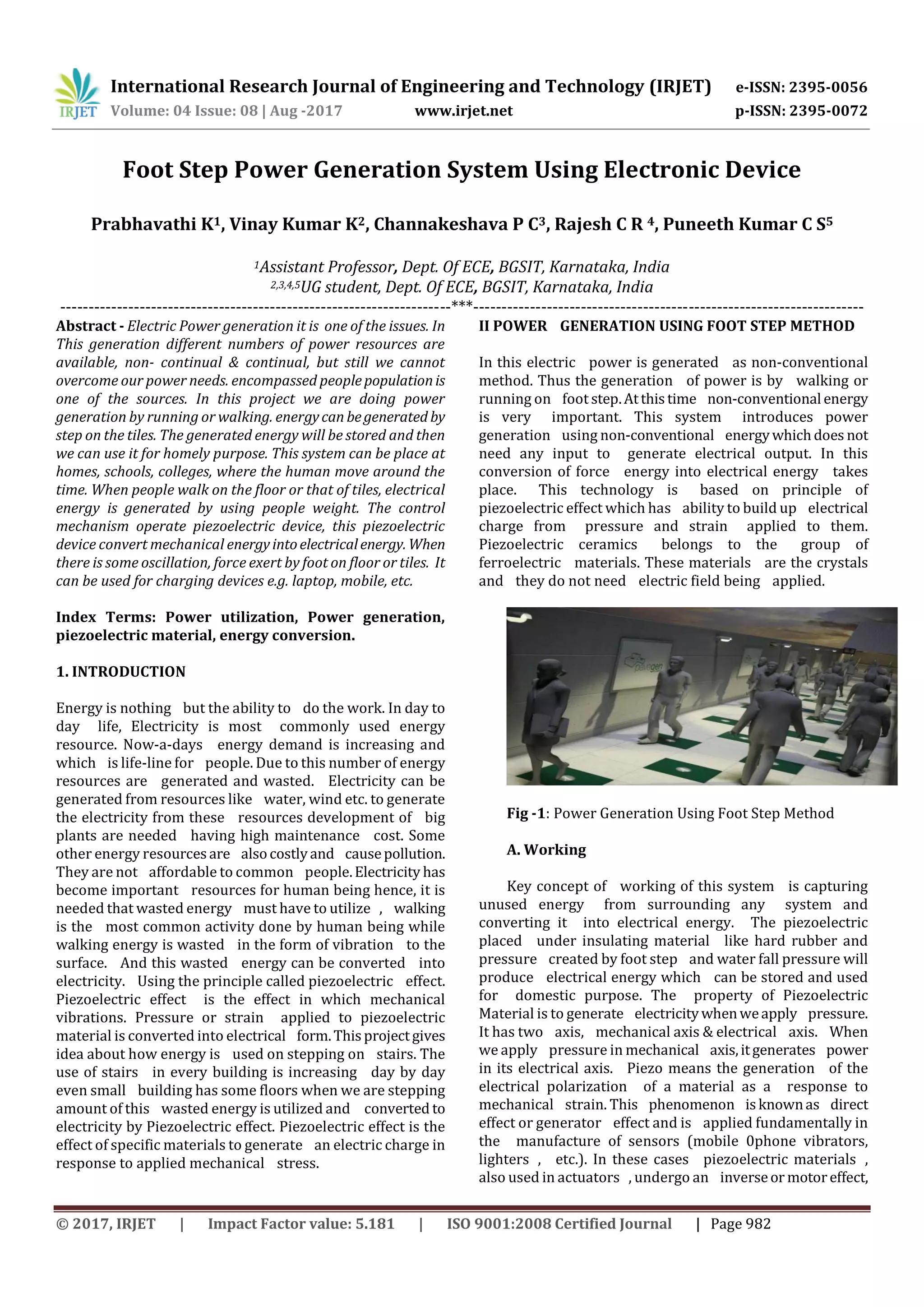 Foot Step Power Generation System using Electronic Device | PDF
