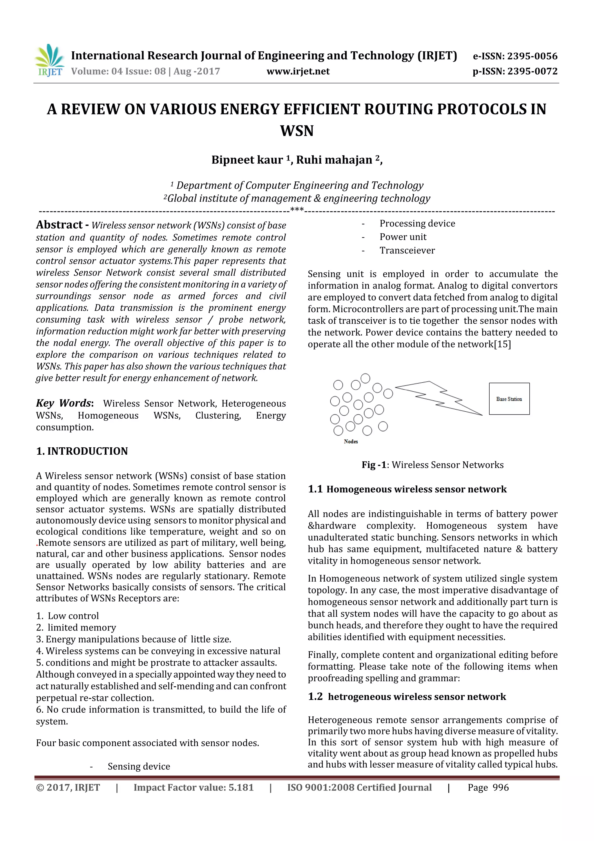 A Review on Various Energy Efficient Routing Protocols in WSN | PDF
