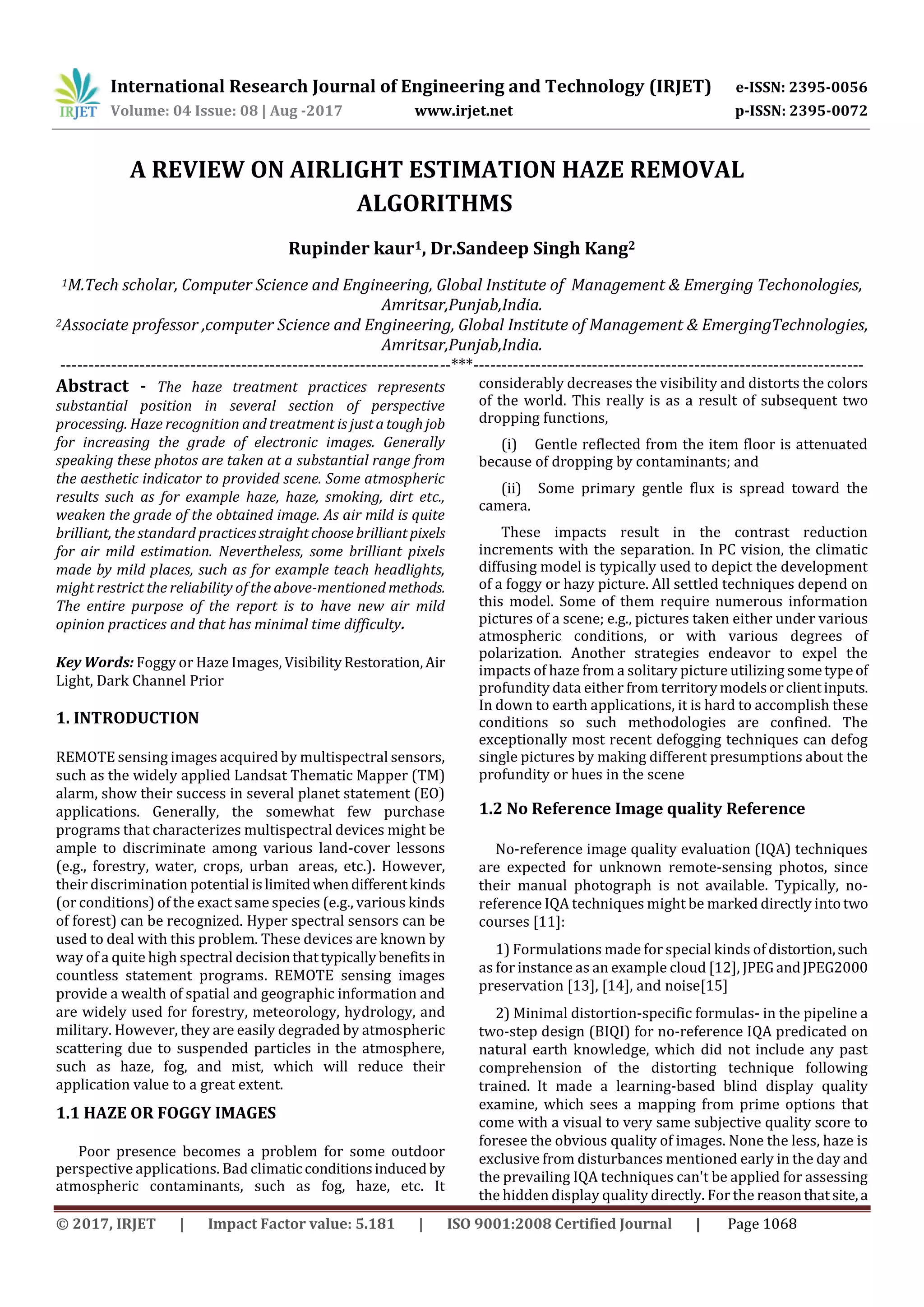 A Review on Airlight Estimation Haze Removal Algorithms | PDF