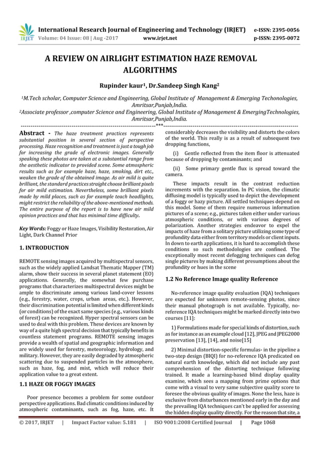 A Review on Airlight Estimation Haze Removal Algorithms | PDF