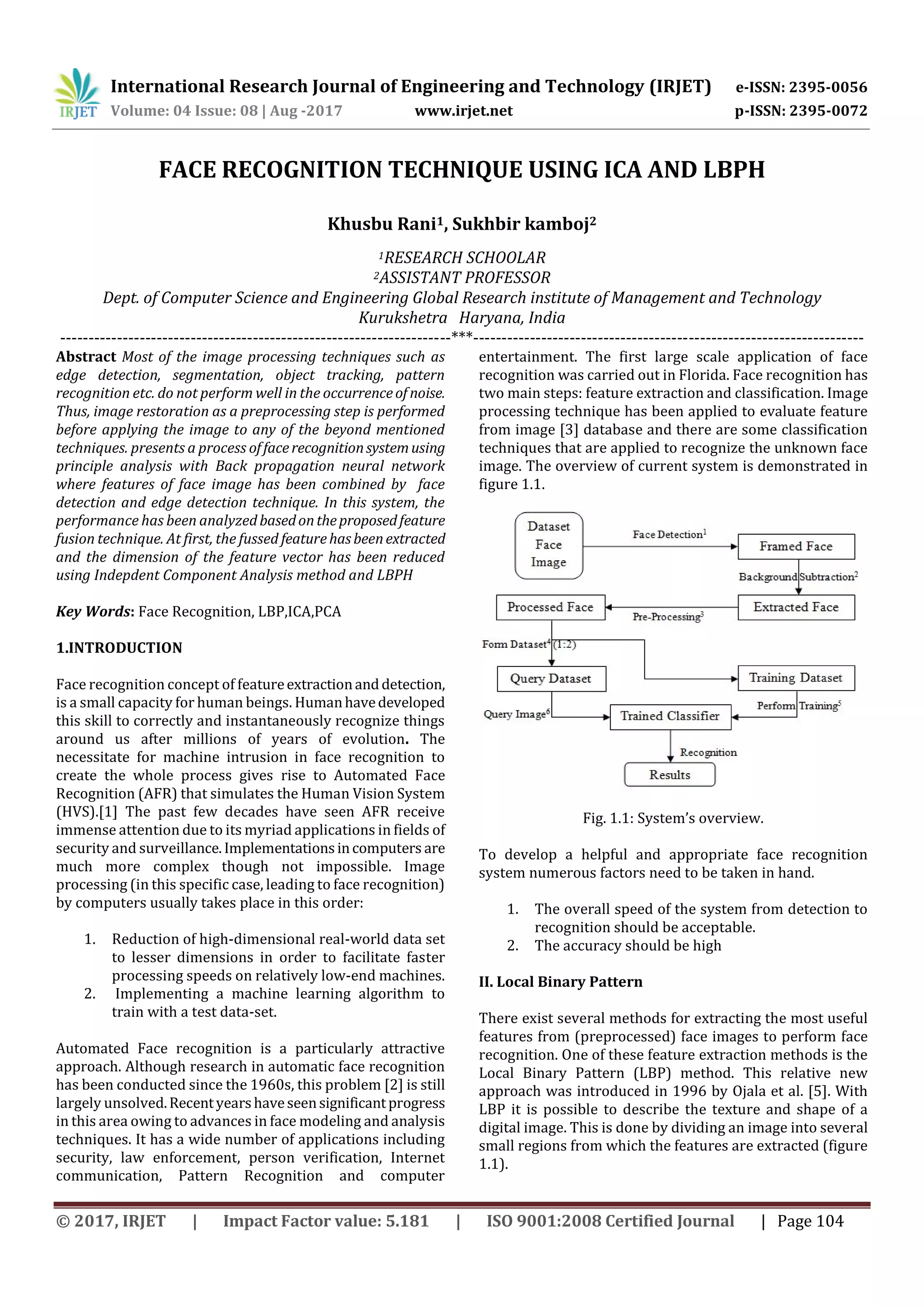 Face Recognition Technique Using Ica And Lbph Pdf