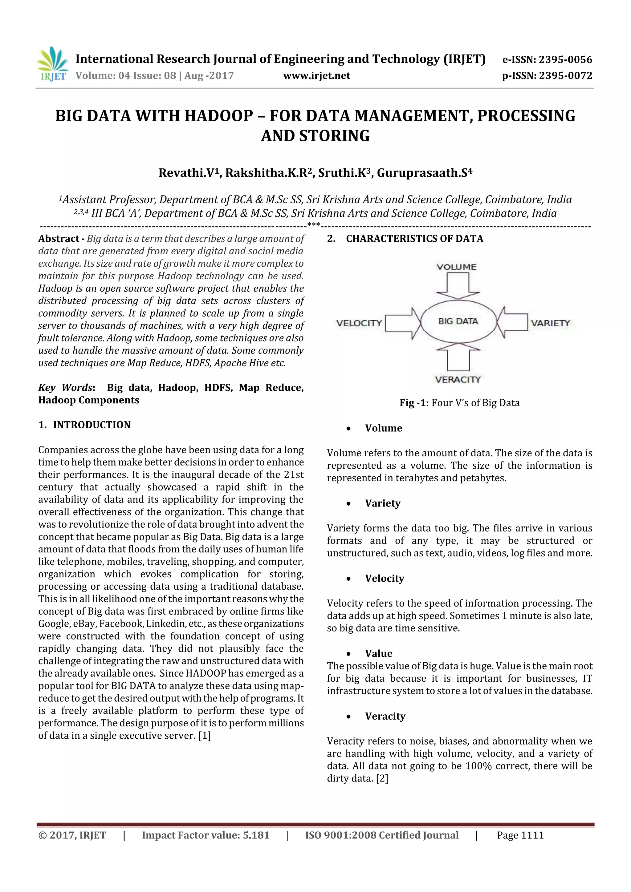 Big Data with Hadoop – For Data Management, Processing and Storing | PDF