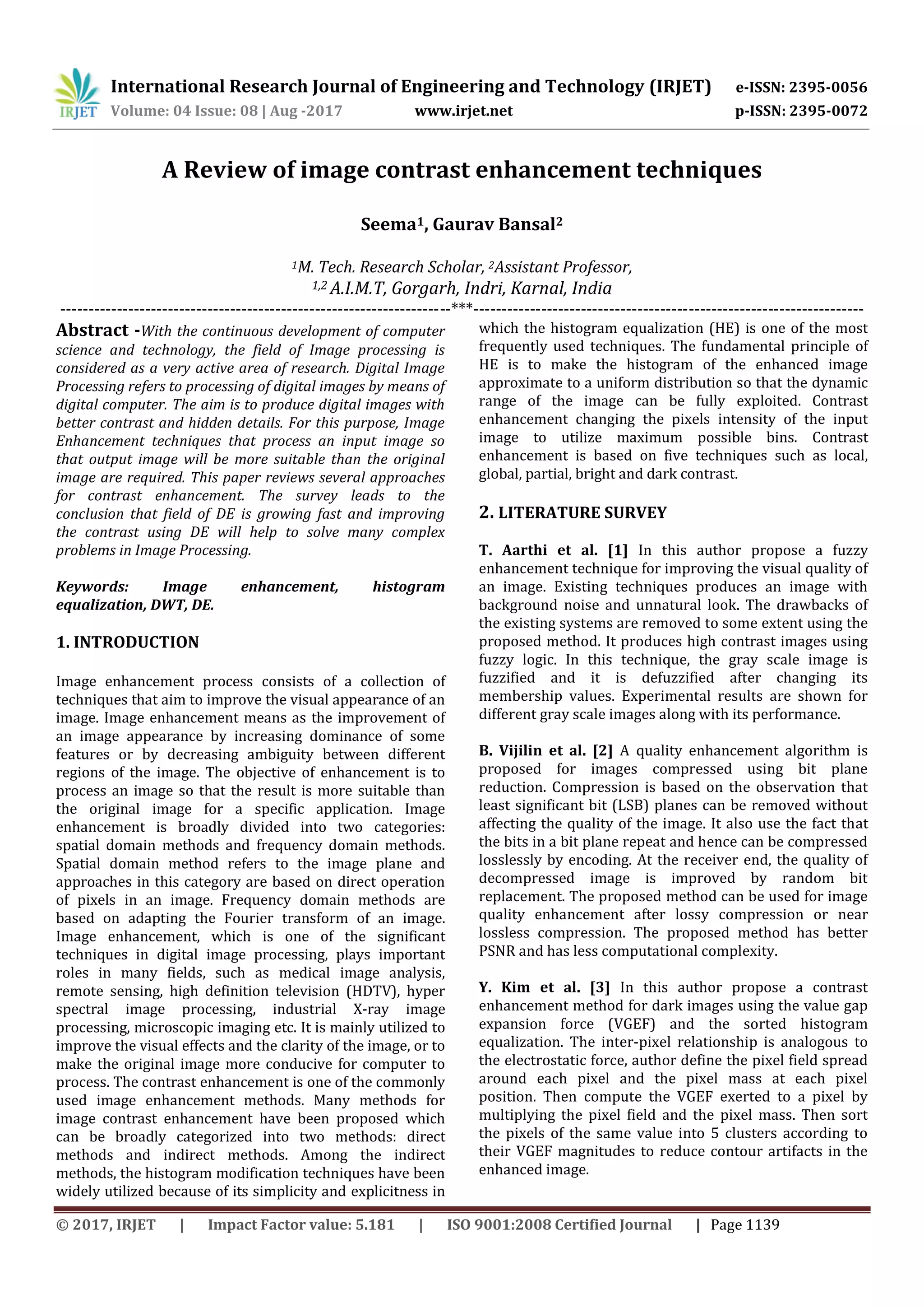 A Review of Image Contrast Enhancement Techniques | PDF