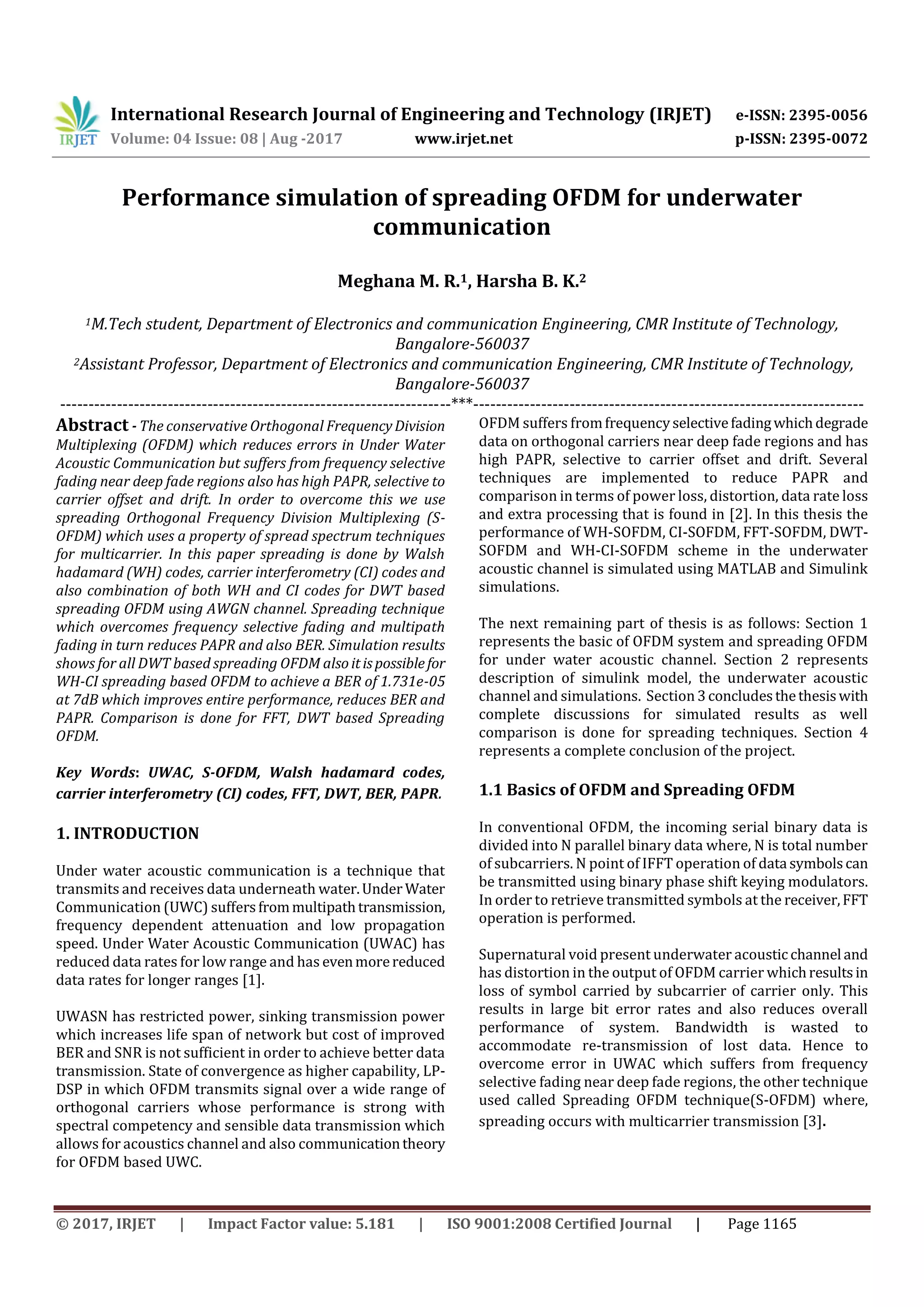 Performance Simulation of Spreading OFDM for Underwater Communication | PDF