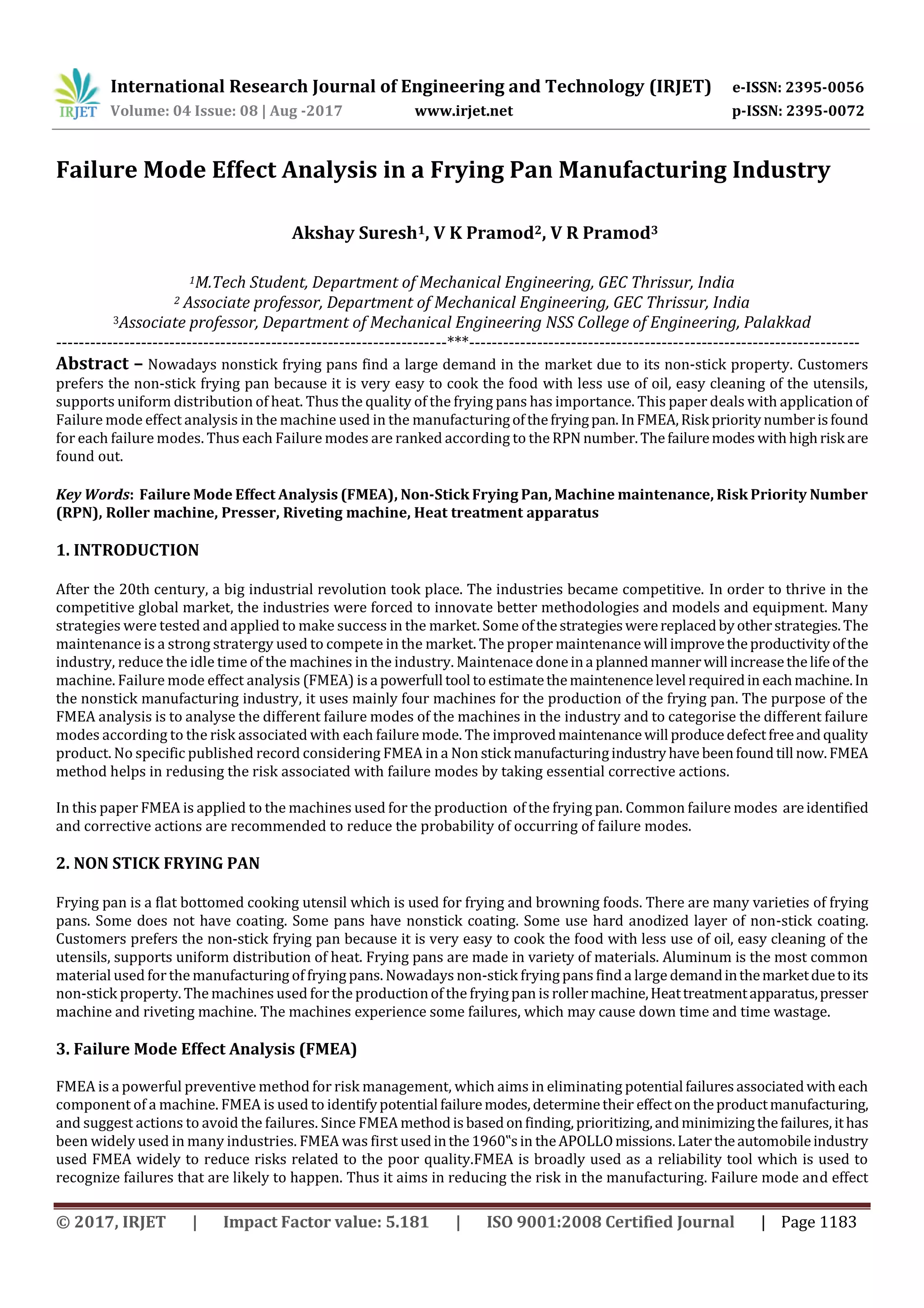 Failure Mode Effect Analysis in a Frying Pan Manufacturing Industry | PDF