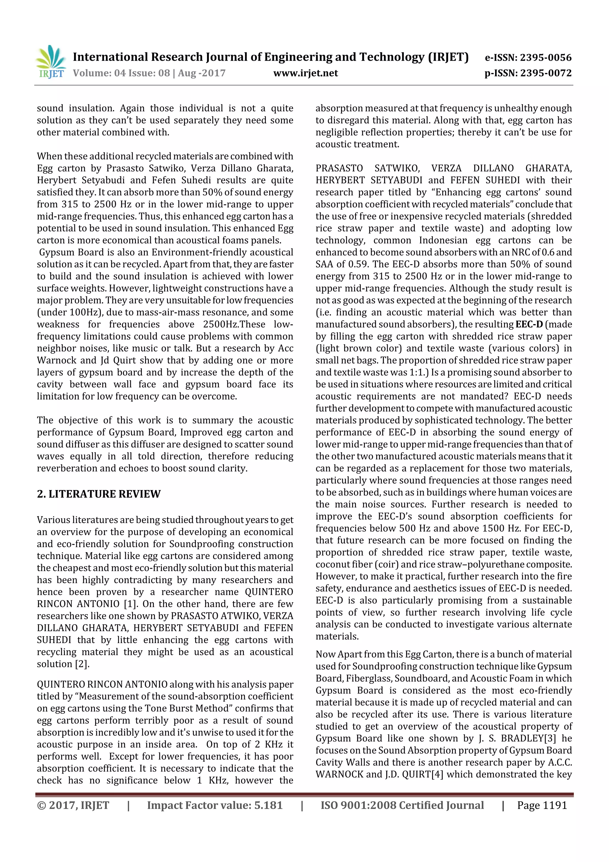 Application of Enhanced Egg Carton, Gypsum Board & Sound Diffuser for the Purpose of Acoustical ...