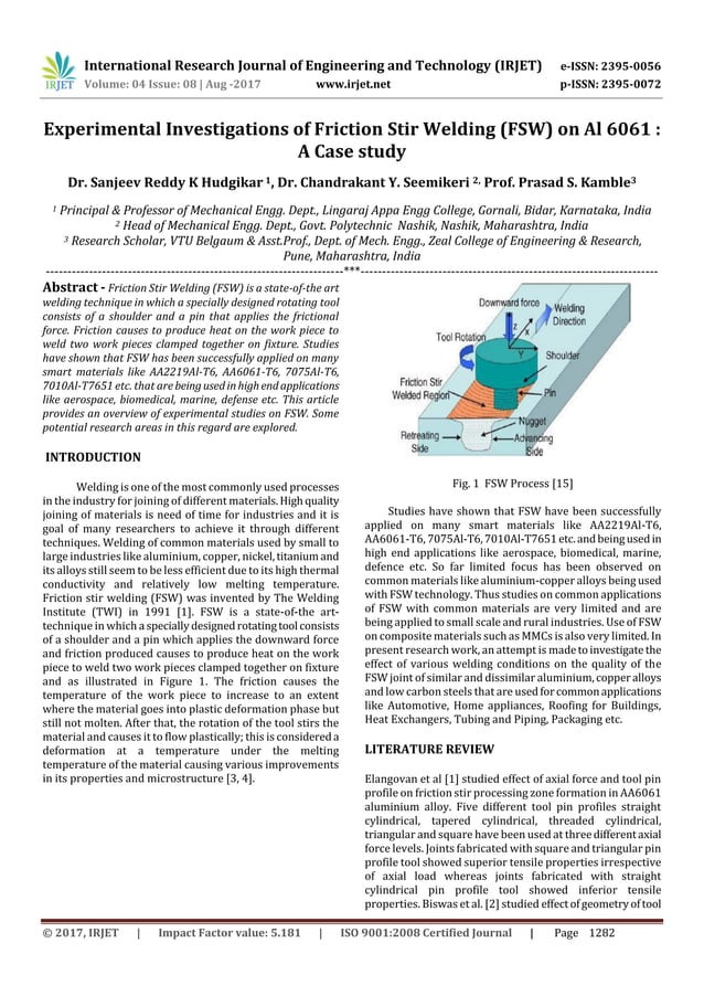 Experimental Investigations of Friction Stir Welding (FSW) on Al 6061 : A Case Study | PDF