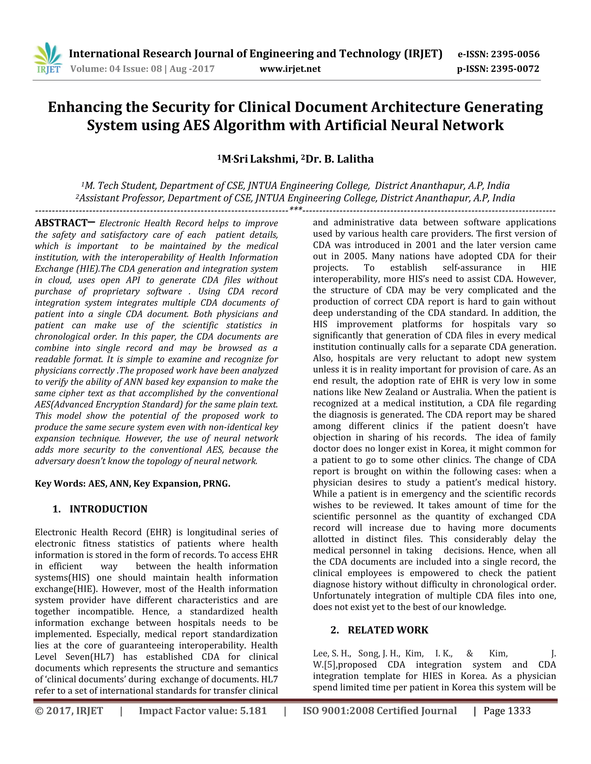 Enhancing The Security For Clinical Document Architecture Generating System Using Aes Algorithm