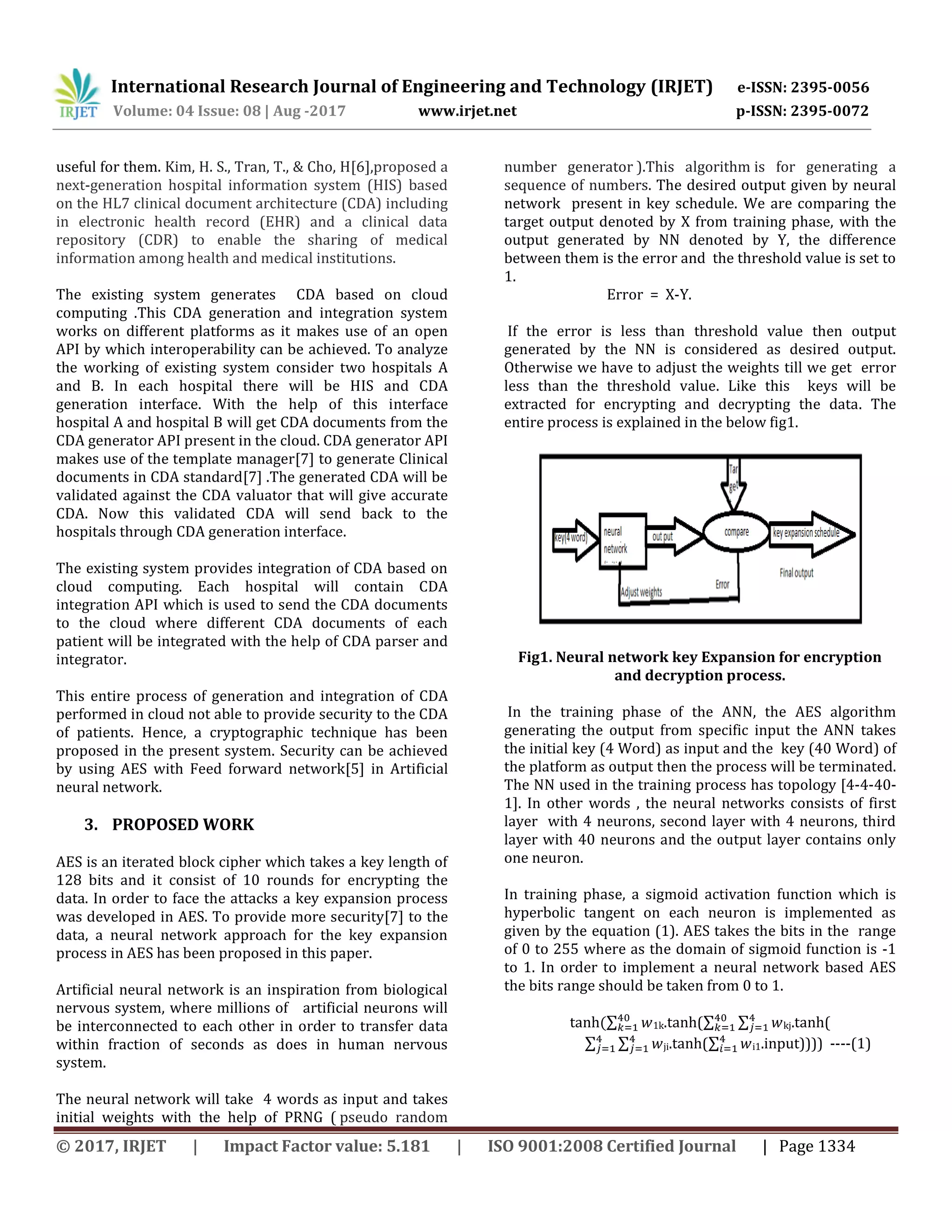 Enhancing The Security For Clinical Document Architecture Generating System Using Aes Algorithm