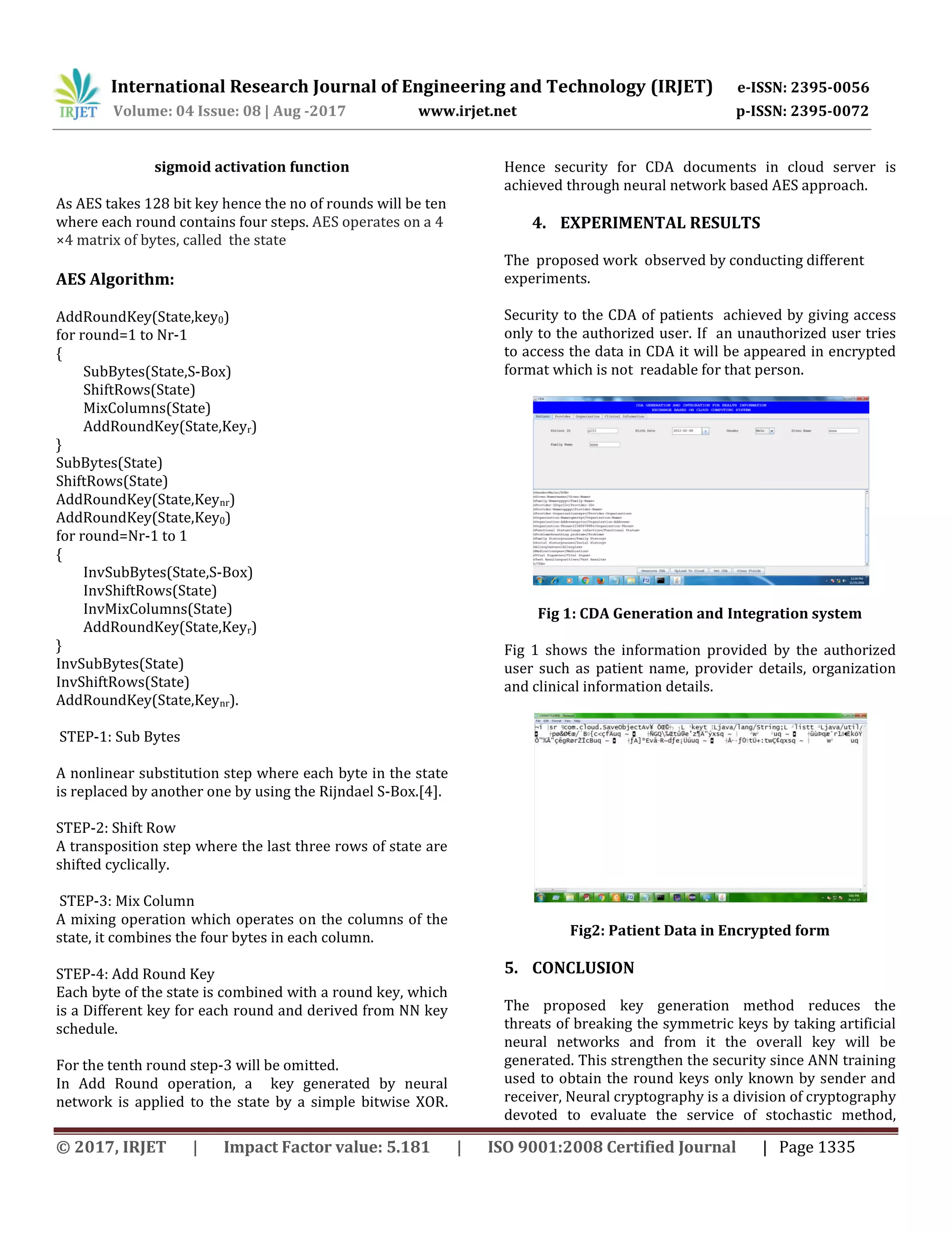Enhancing The Security For Clinical Document Architecture Generating System Using Aes Algorithm
