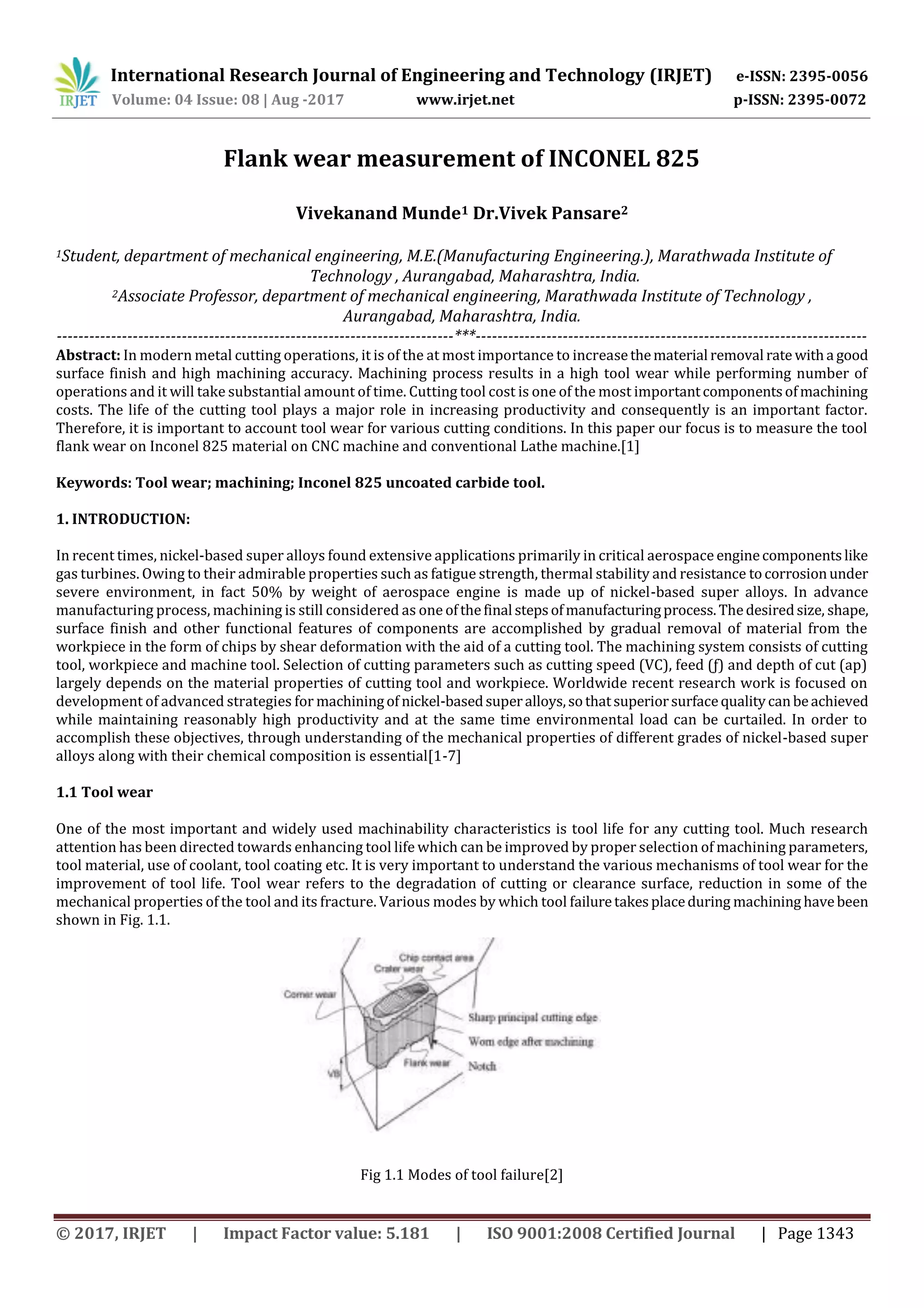 Flank Wear Measurement of INCONEL 825 | PDF