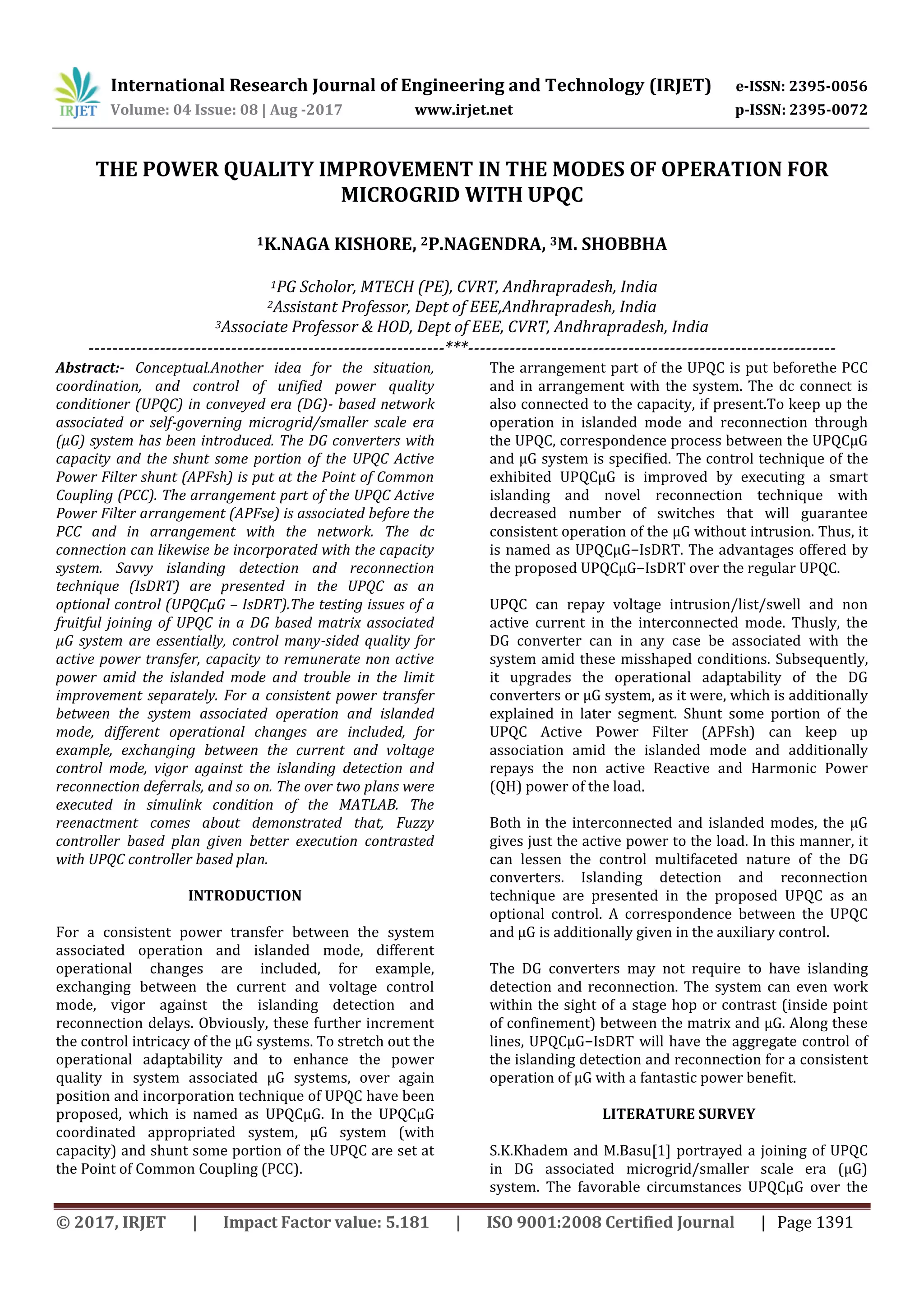 The Power Quality Improvement in the Modes of Operation for Microgrid with UPQC | PDF