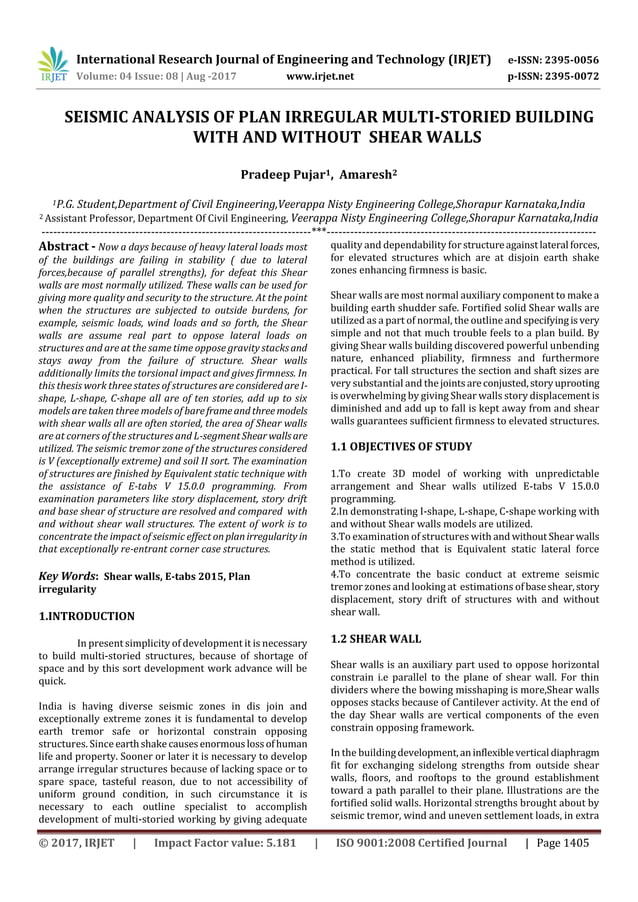 Seismic Analysis of Plan Irregular Multi-Storied Building with and without Shear Walls | PDF