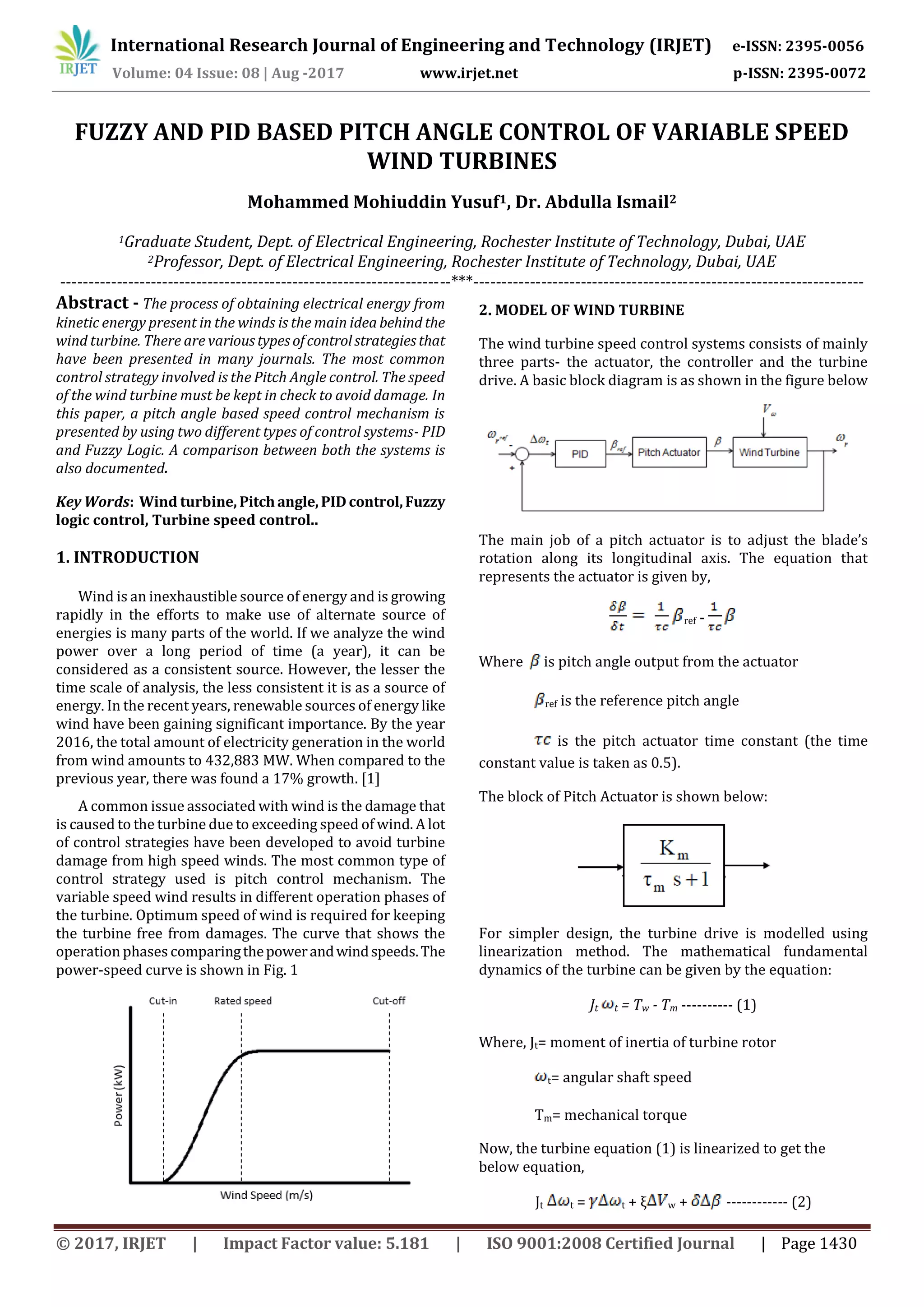 Fuzzy And Pid Based Pitch Angle Control Of Variable Speed Wind Turbines Pdf