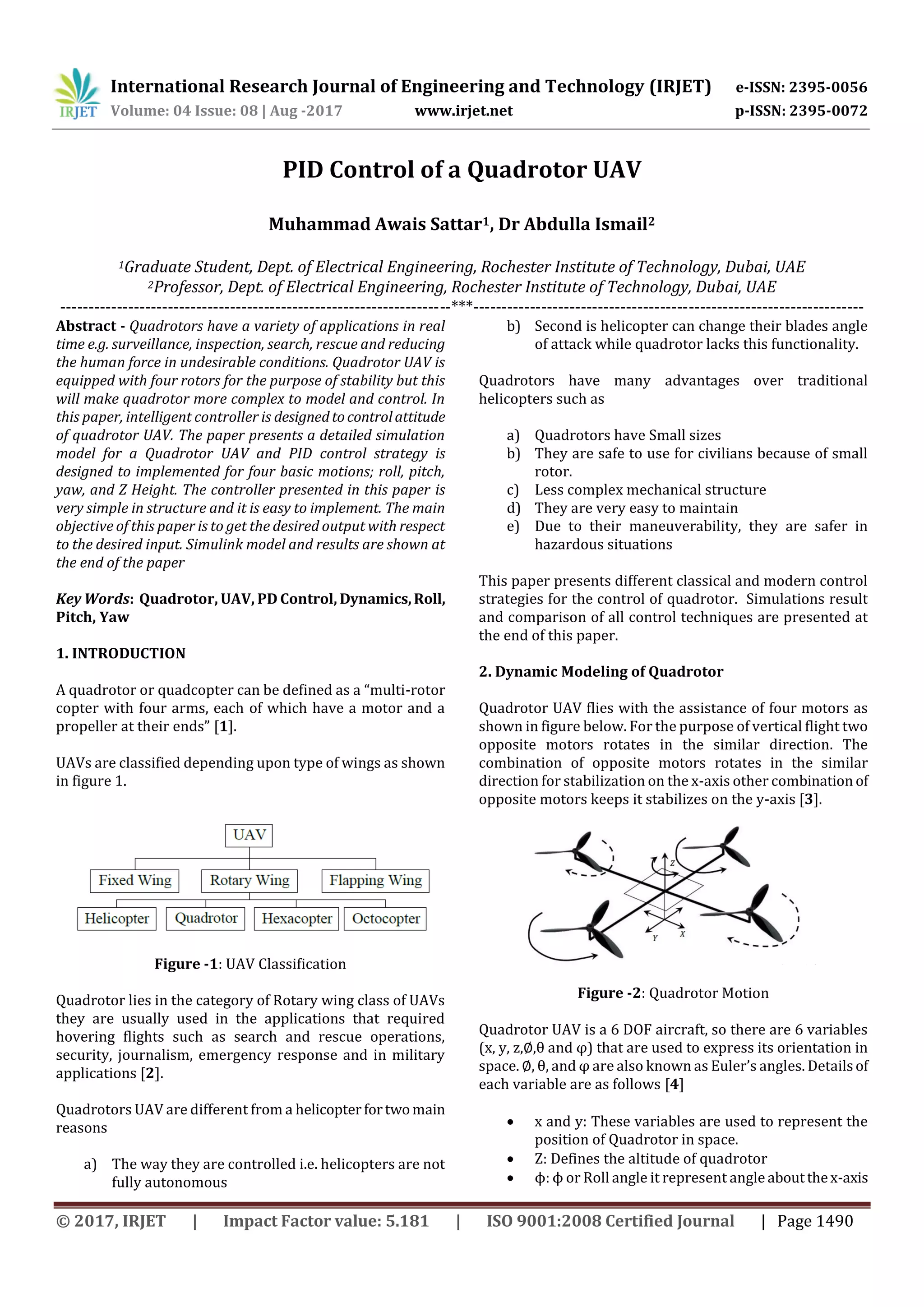 PID Control of A Quadrotor UAV | PDF