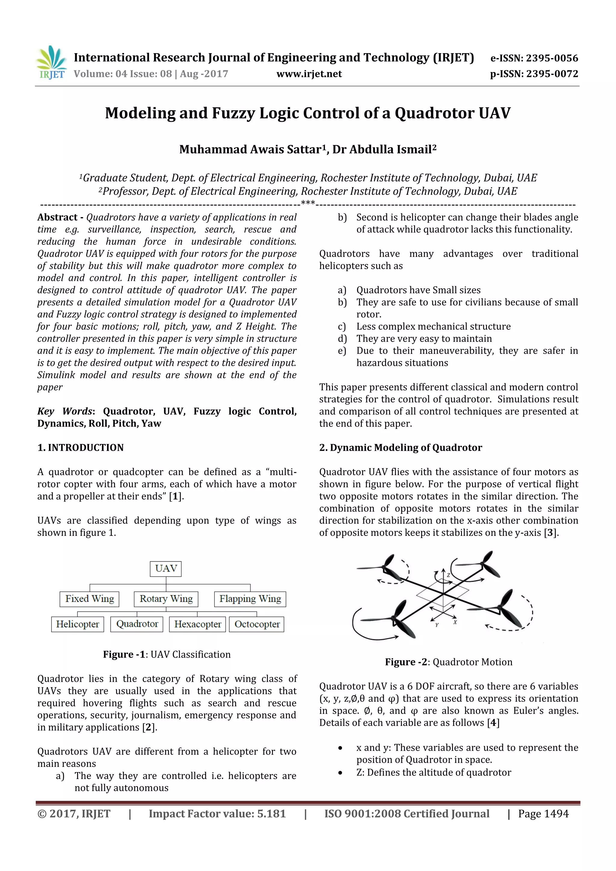 Modeling and Fuzzy Logic Control of a Quadrotor UAV | PDF