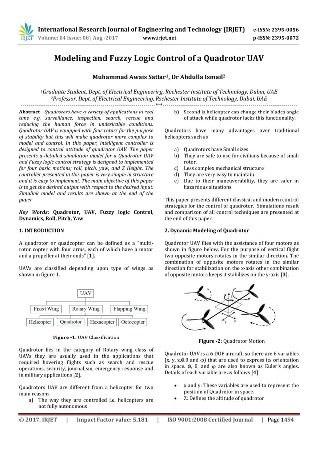 Modeling and Fuzzy Logic Control of a Quadrotor UAV | PDF