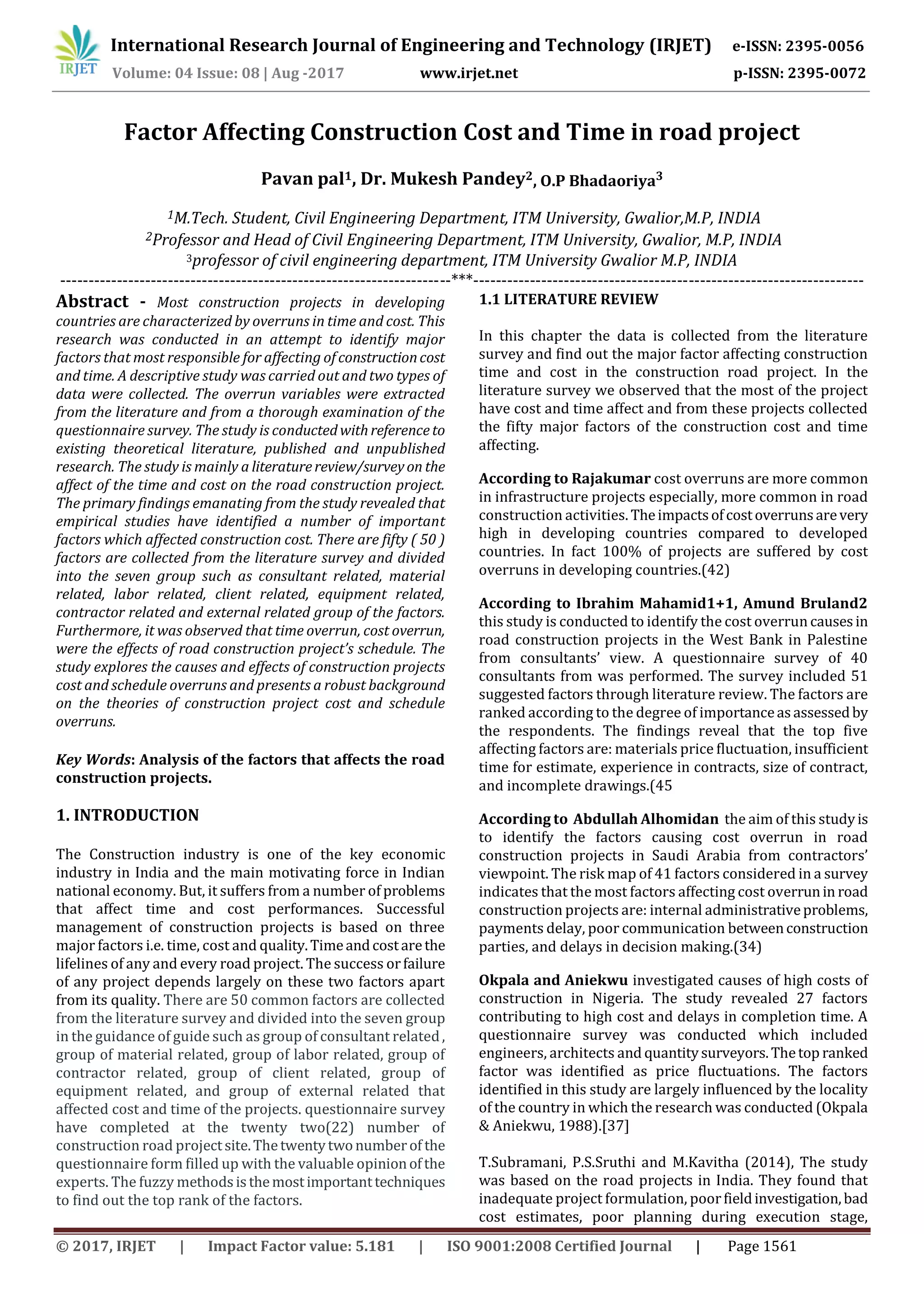 Factor Affecting Construction Cost and Time in road project | PDF