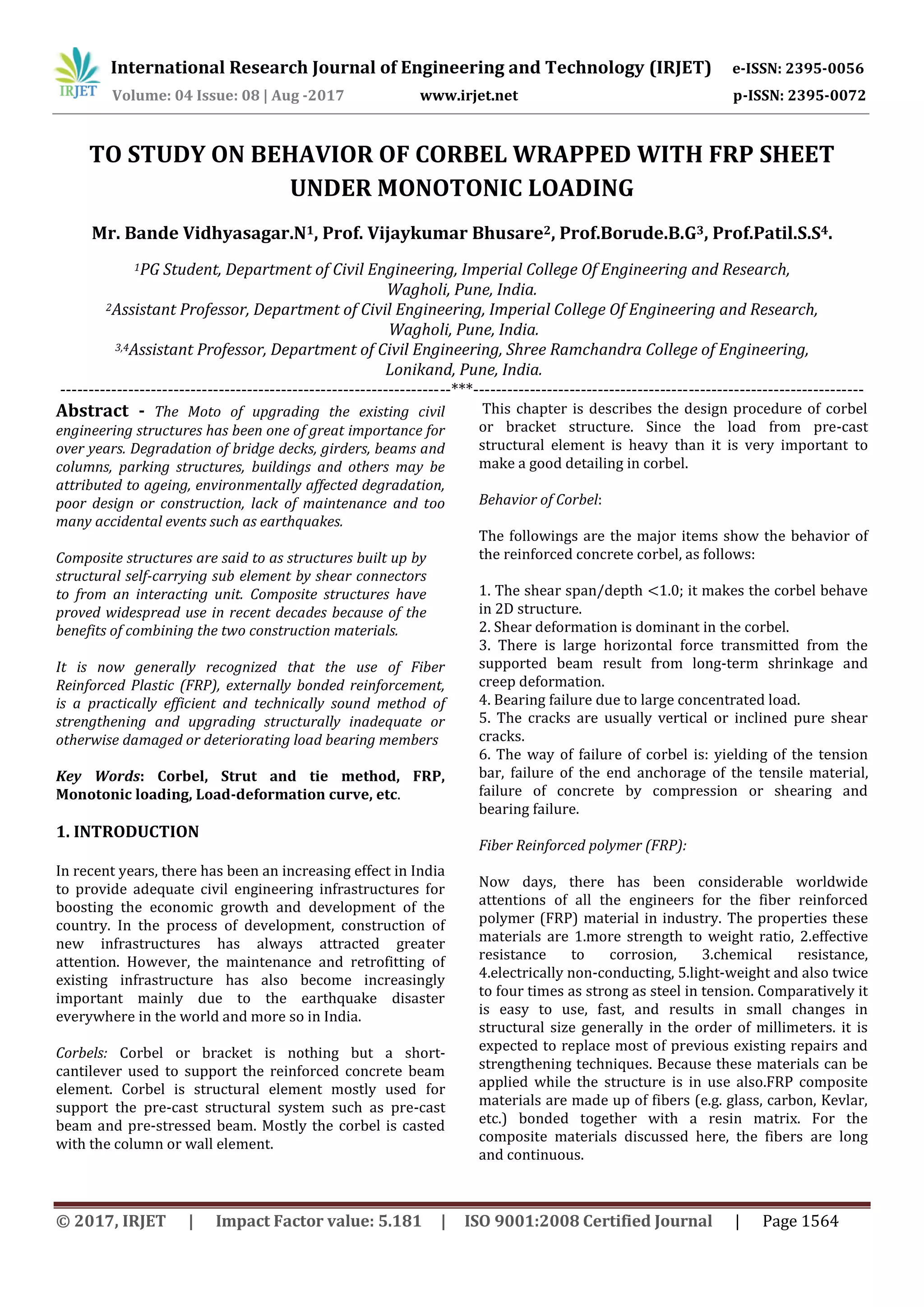 To Study on Behavior of Corbel Wrapped with FRP Sheet Under Monotonic Loading | PDF