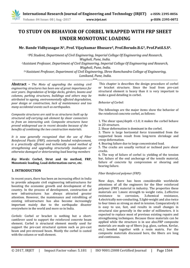 To Study on Behavior of Corbel Wrapped with FRP Sheet Under Monotonic Loading | PDF