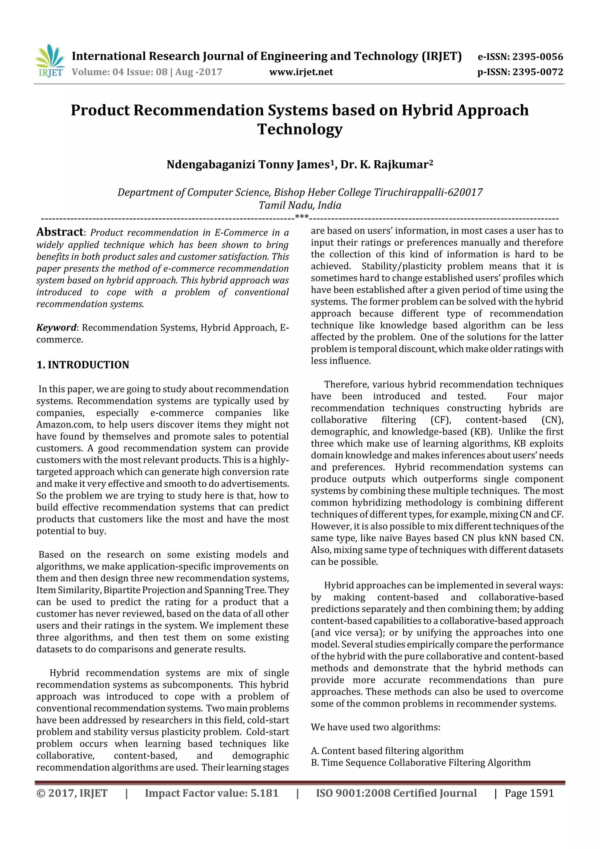 Product Recommendation Systems based on Hybrid Approach Technology | PDF