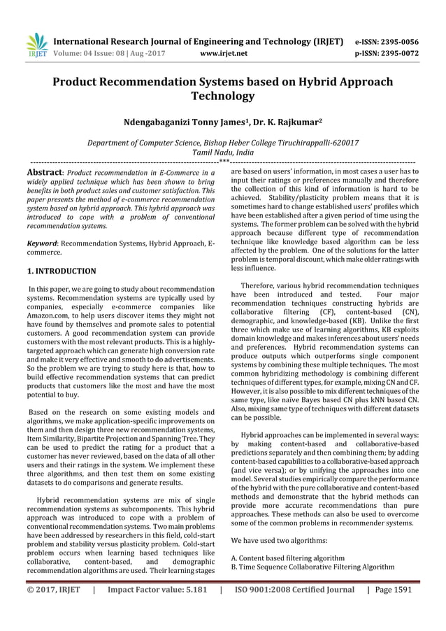 Product Recommendation Systems based on Hybrid Approach Technology | PDF