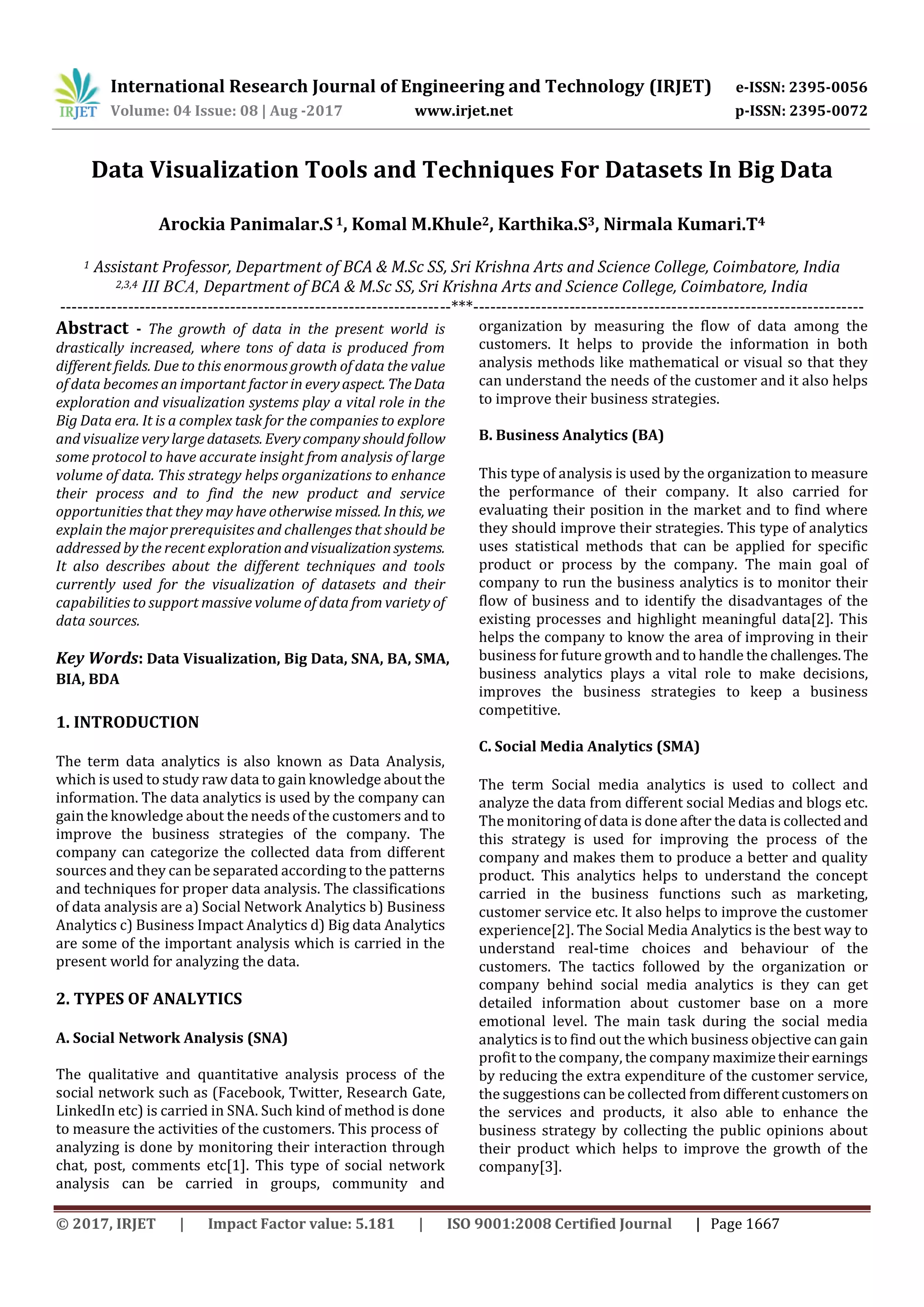 Data Visualization Tools and Techniques for Datasets in Big Data | PDF