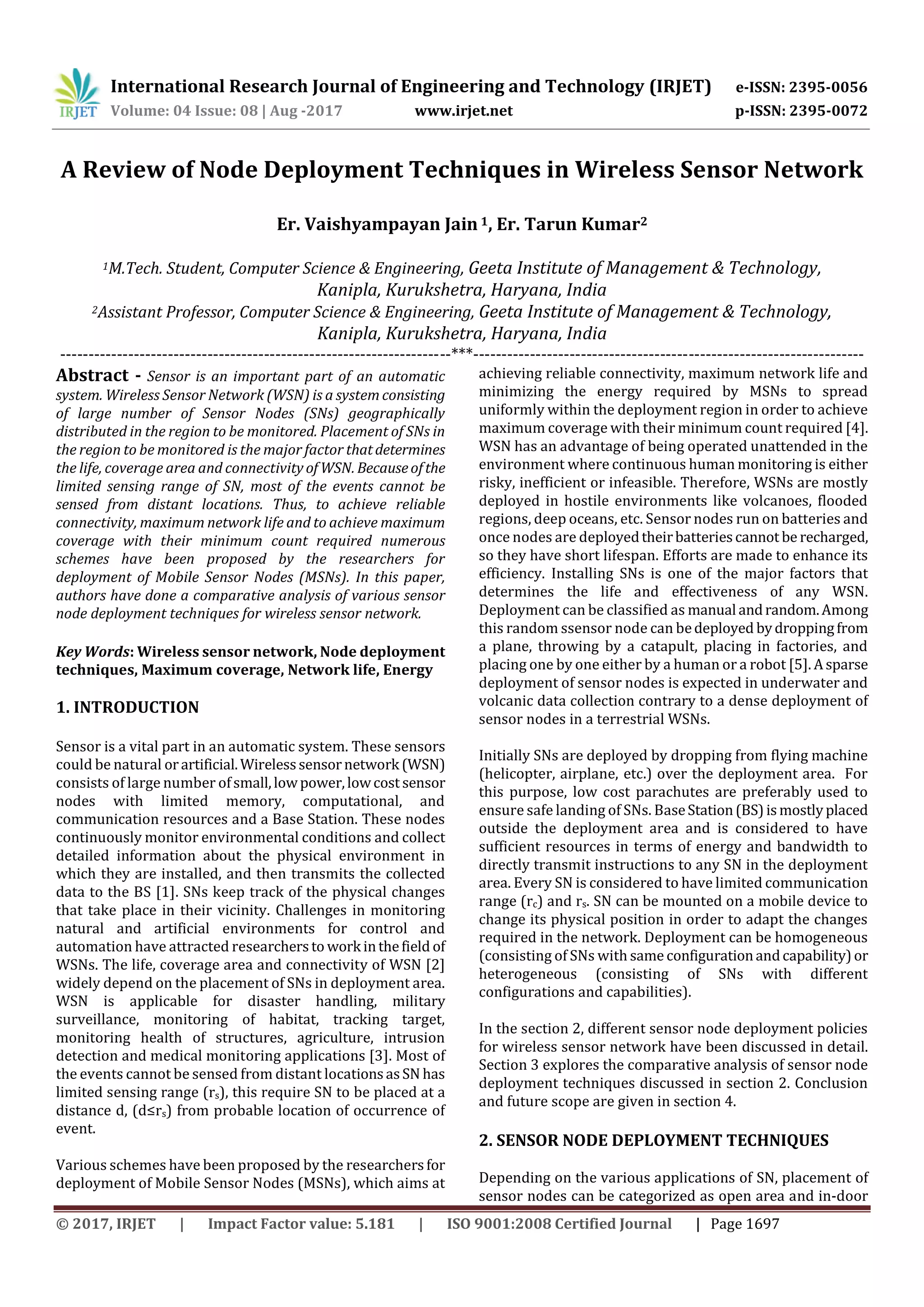 A Review of Node Deployment Techniques in Wireless Sensor Network | PDF