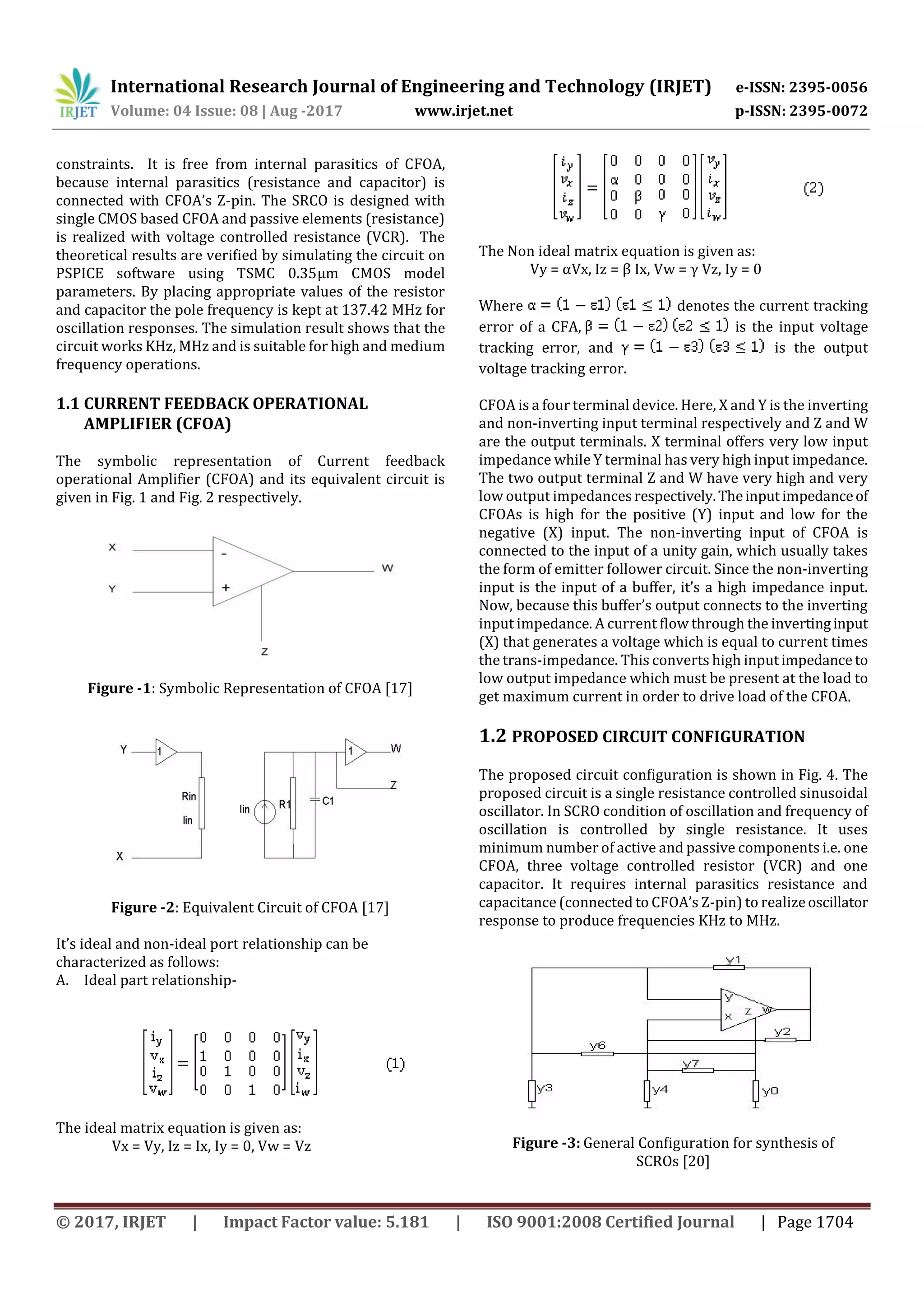 CFOA based Mos-C Single Resistance Controlled Sinusoidal Oscillator | PDF