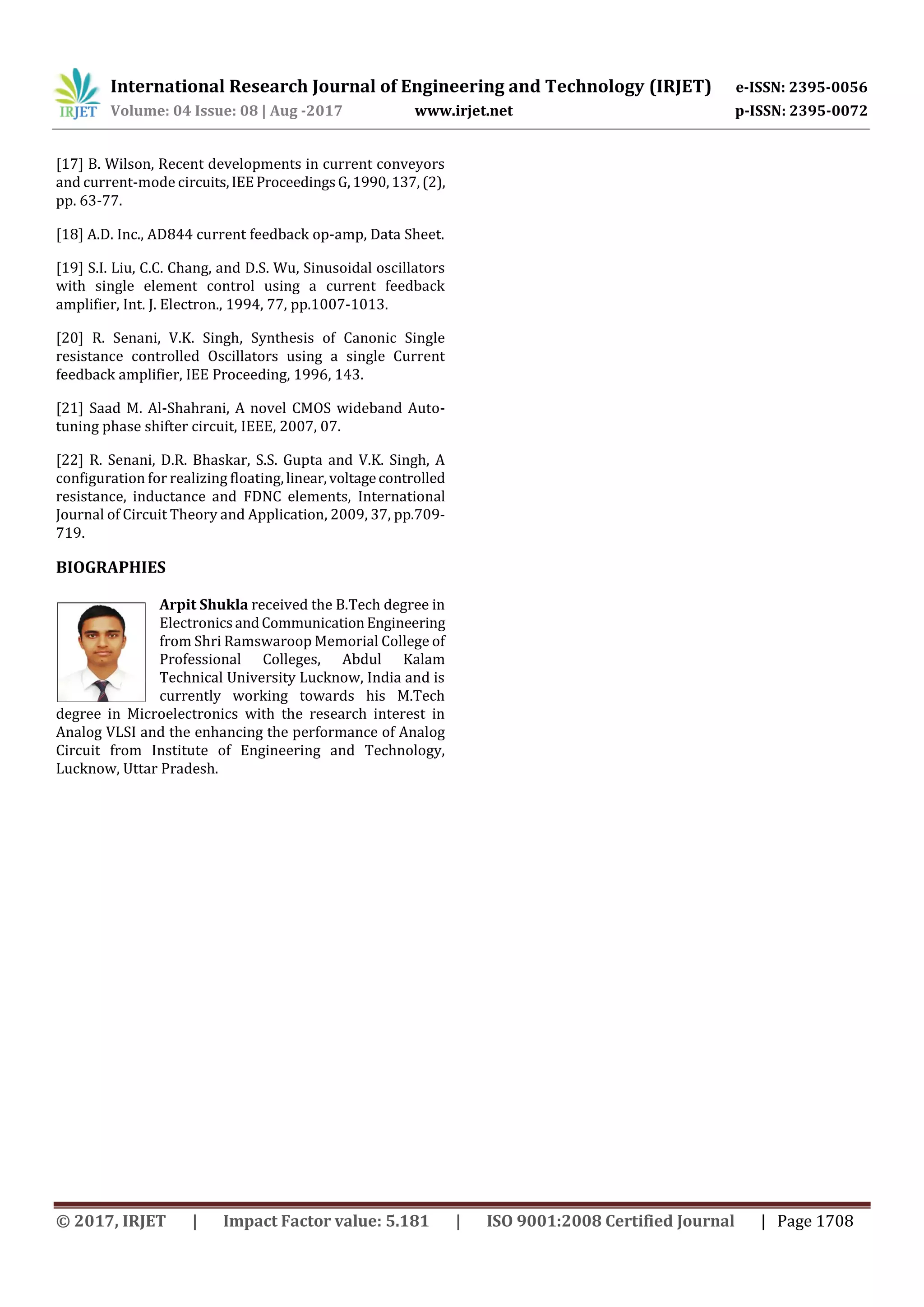 CFOA based Mos-C Single Resistance Controlled Sinusoidal Oscillator | PDF