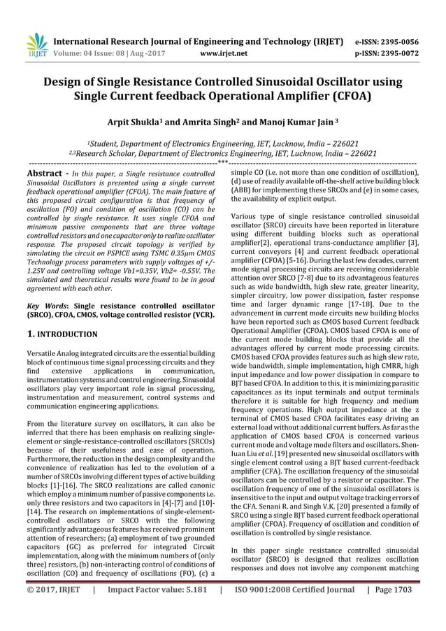 CFOA based Mos-C Single Resistance Controlled Sinusoidal Oscillator | PDF