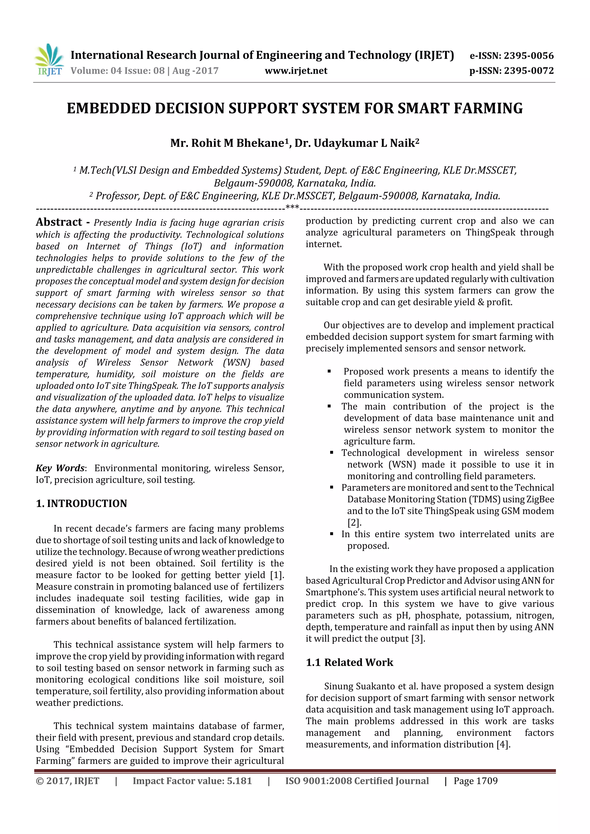 Embedded Decision Support System for Smart Farming | PDF