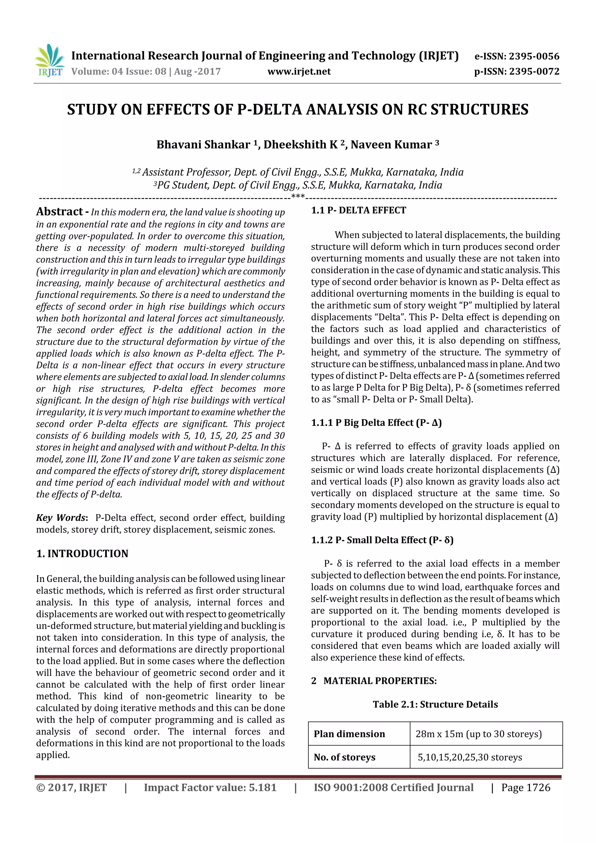 Study on Effects of P-Delta Analysis on RC Structures | PDF