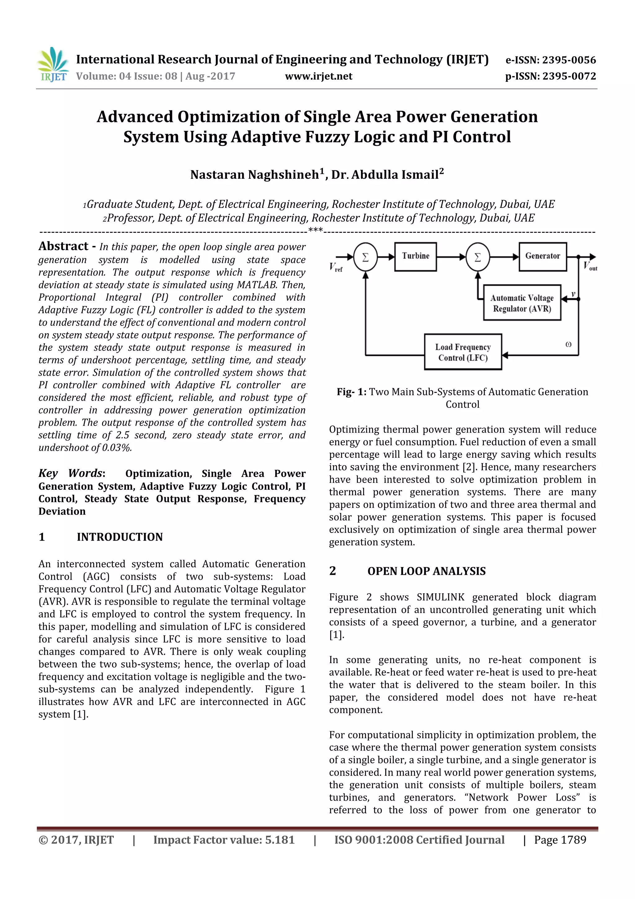 Advanced Optimization Of Single Area Power Generation System Using Adaptive Fuzzy Logic And Pi
