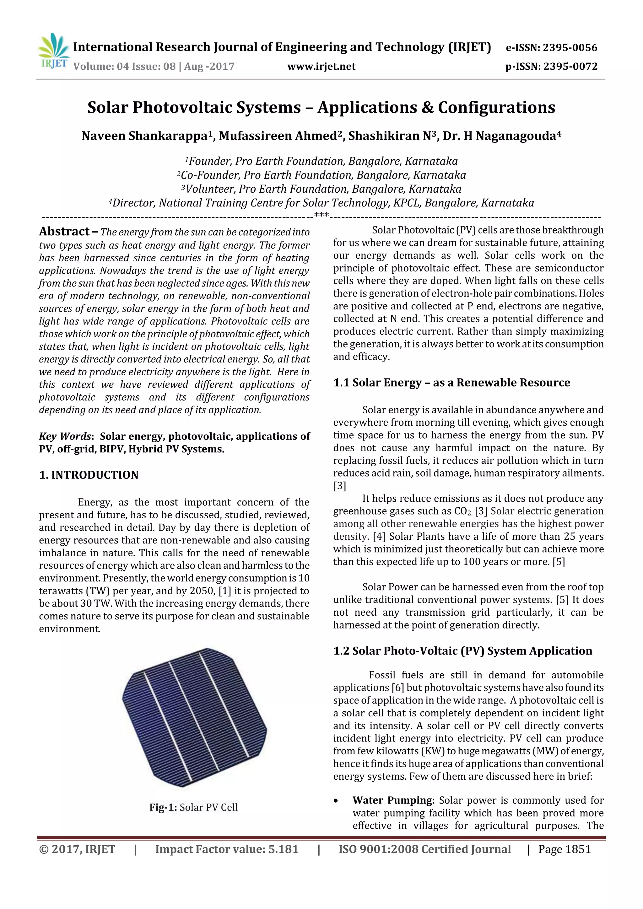 Solar Photovoltaic Systems – Applications & Configurations | PDF