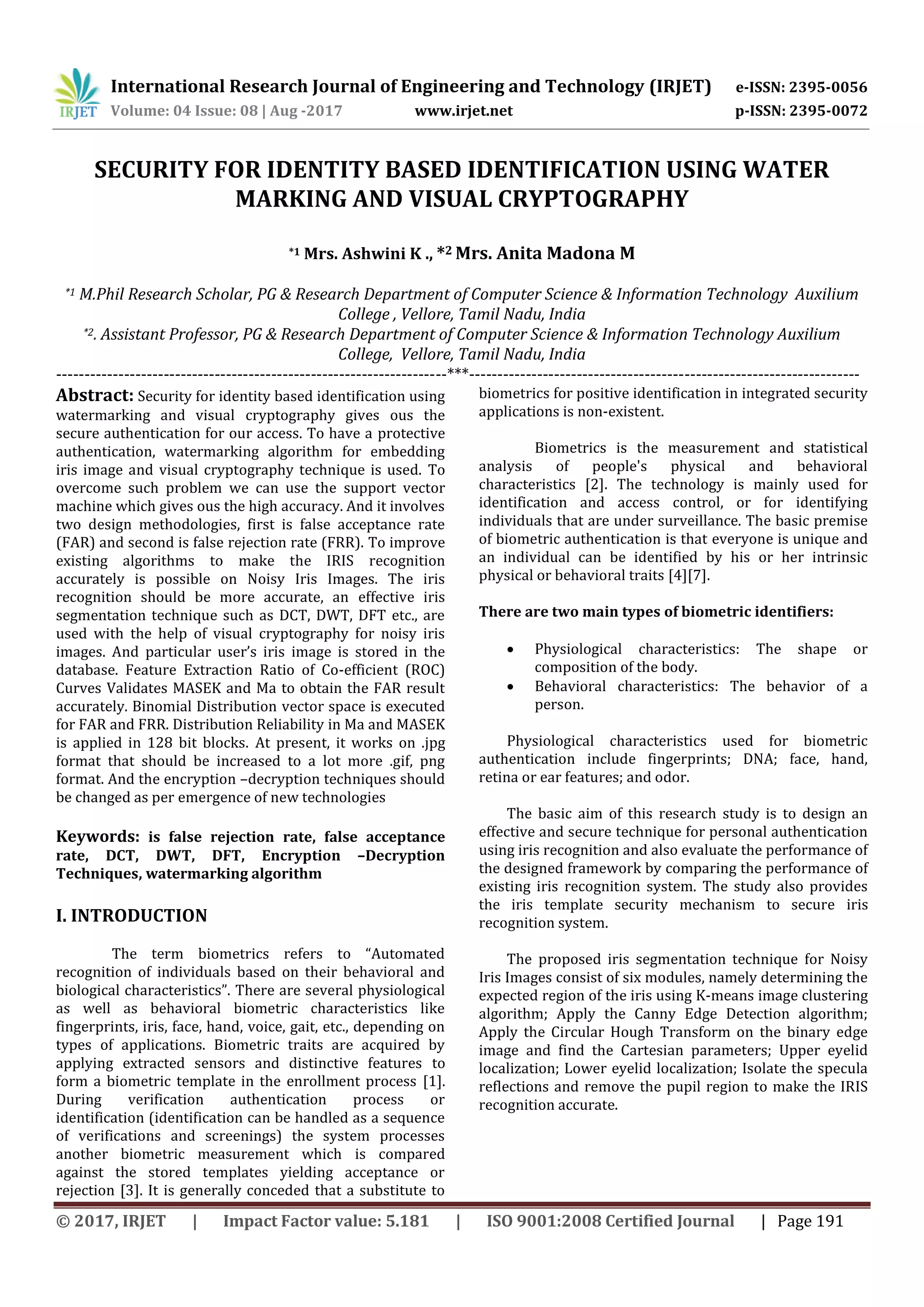 Security for Identity Based Identification using Water Marking and Visual Cryptography | PDF