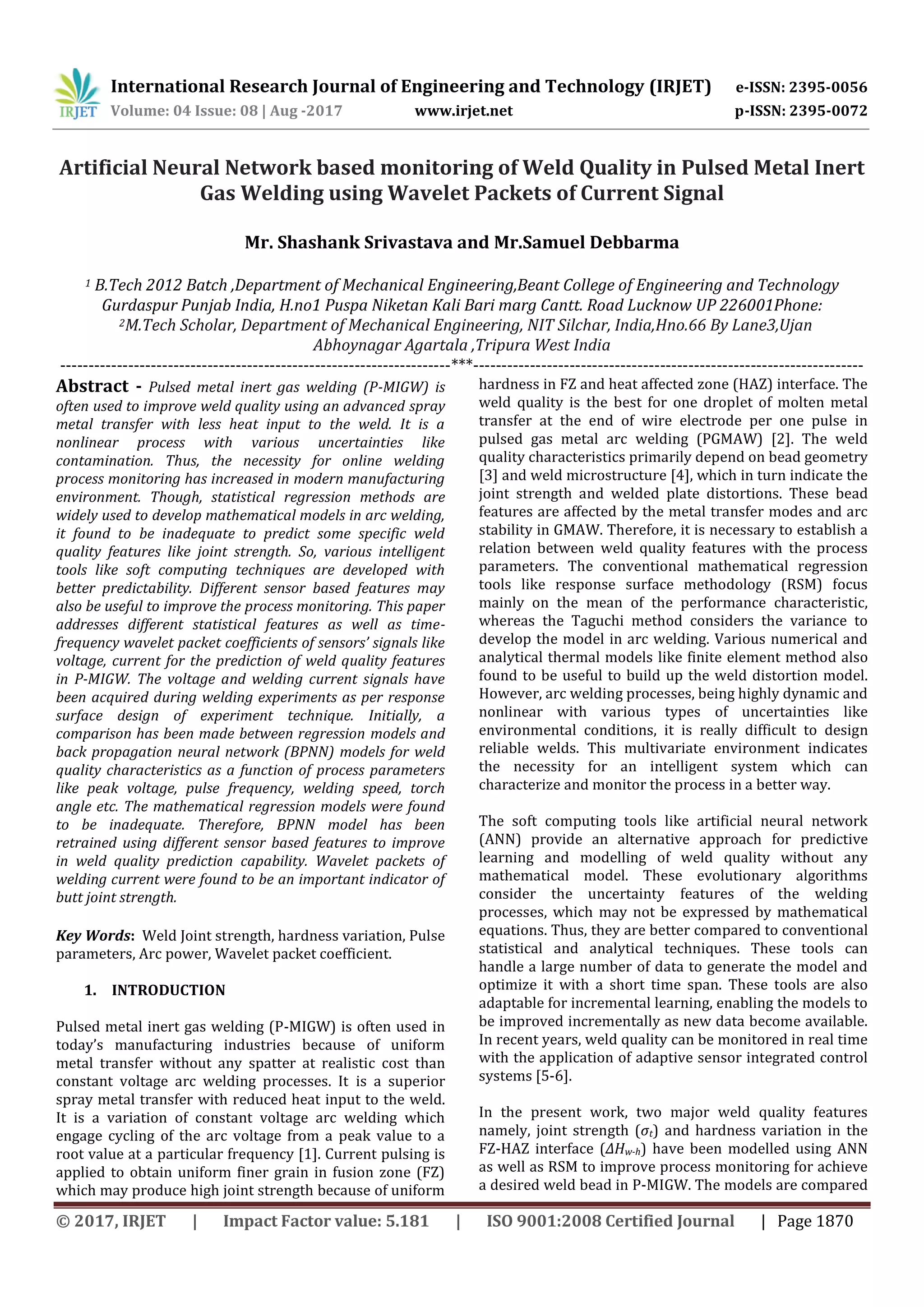 Artificial Neural Network Based Monitoring Of Weld Quality In Pulsed