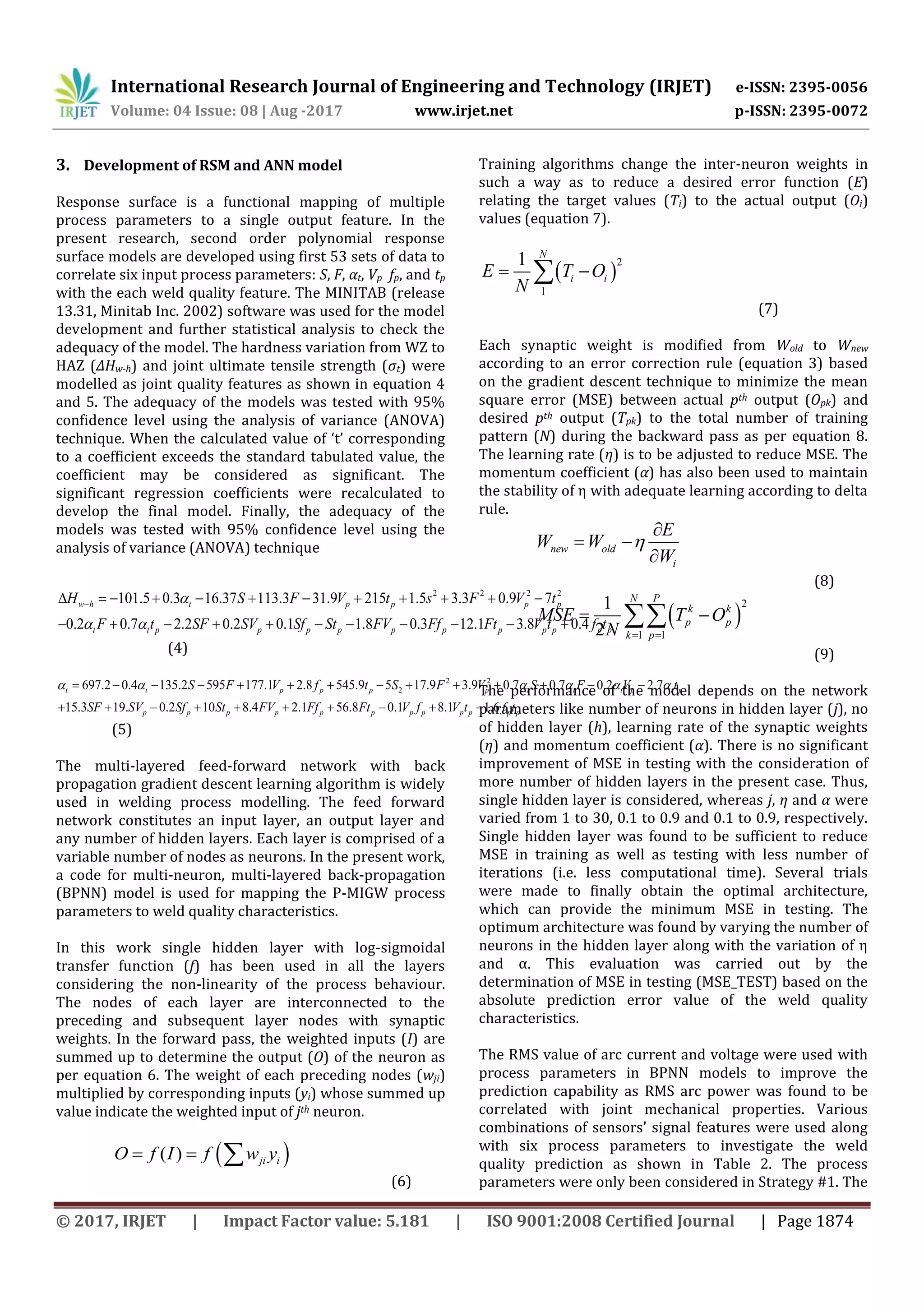 Artificial Neural Network based Monitoring of Weld Quality in Pulsed Metal Inert Gas Welding ...