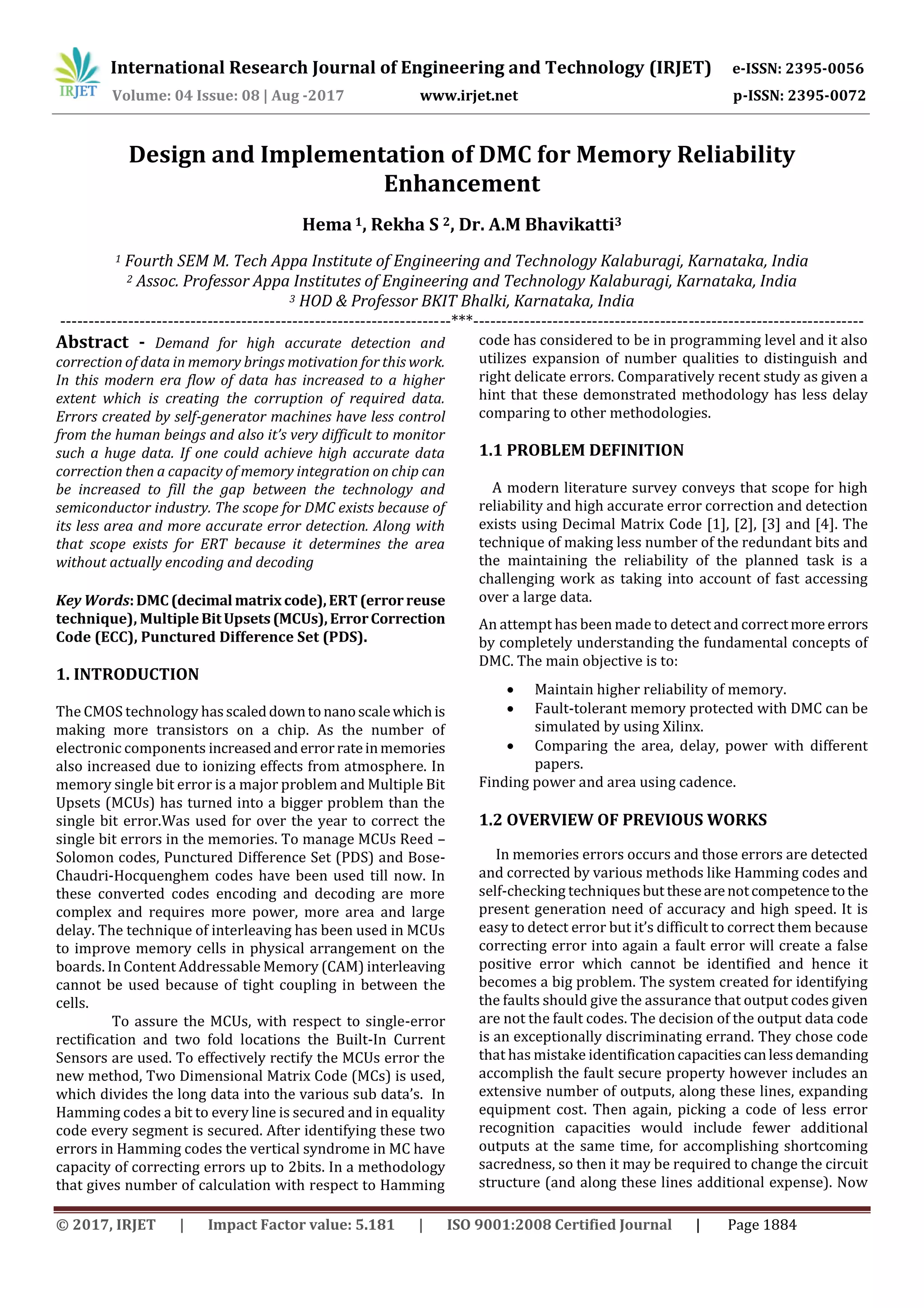 Design and Implementation of DMC for Memory Reliability Enhancement | PDF